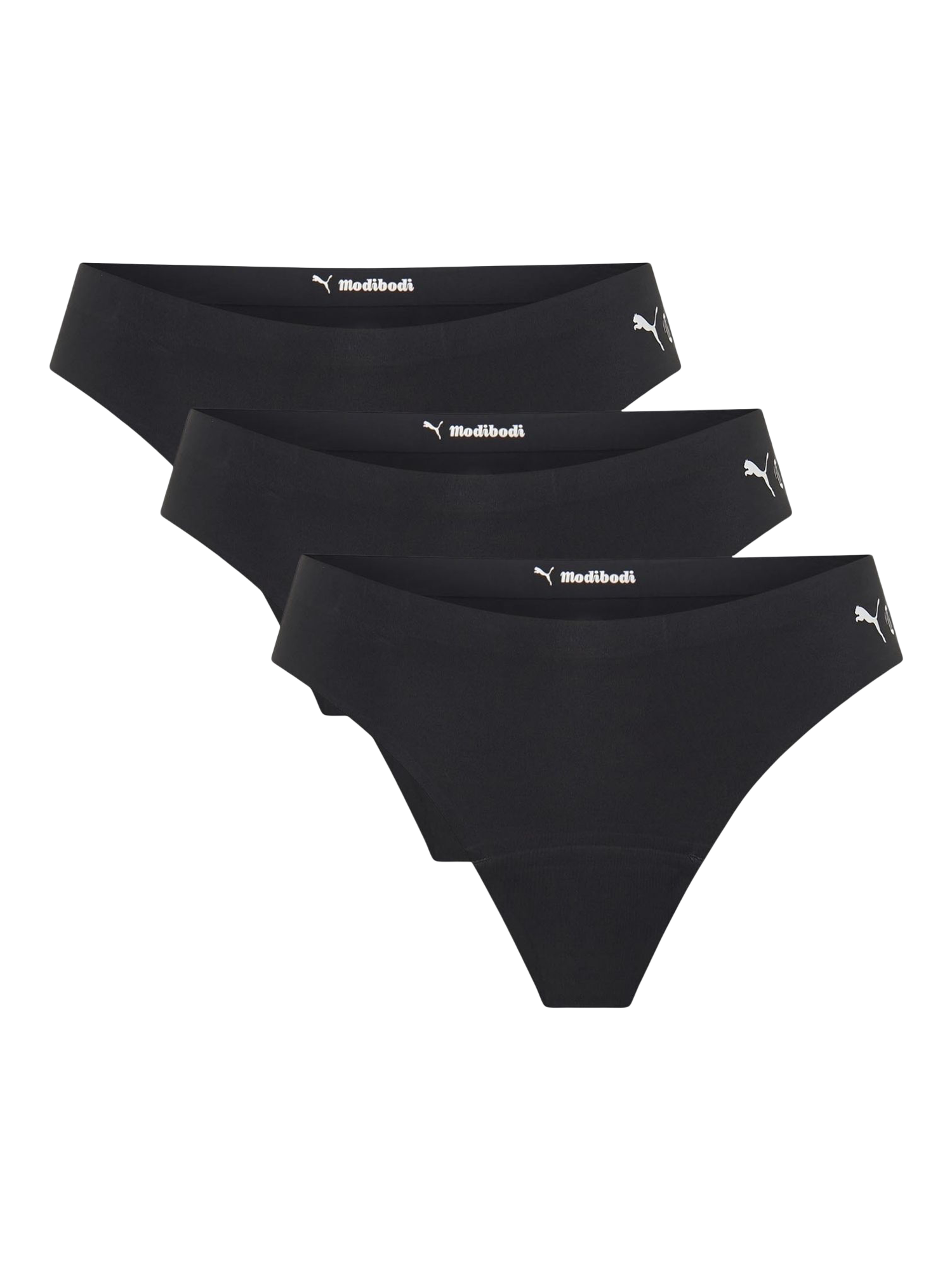 Modibodi x Puma Seamfree Period Underwear Thongs, Pack of 3, Onyx Grey