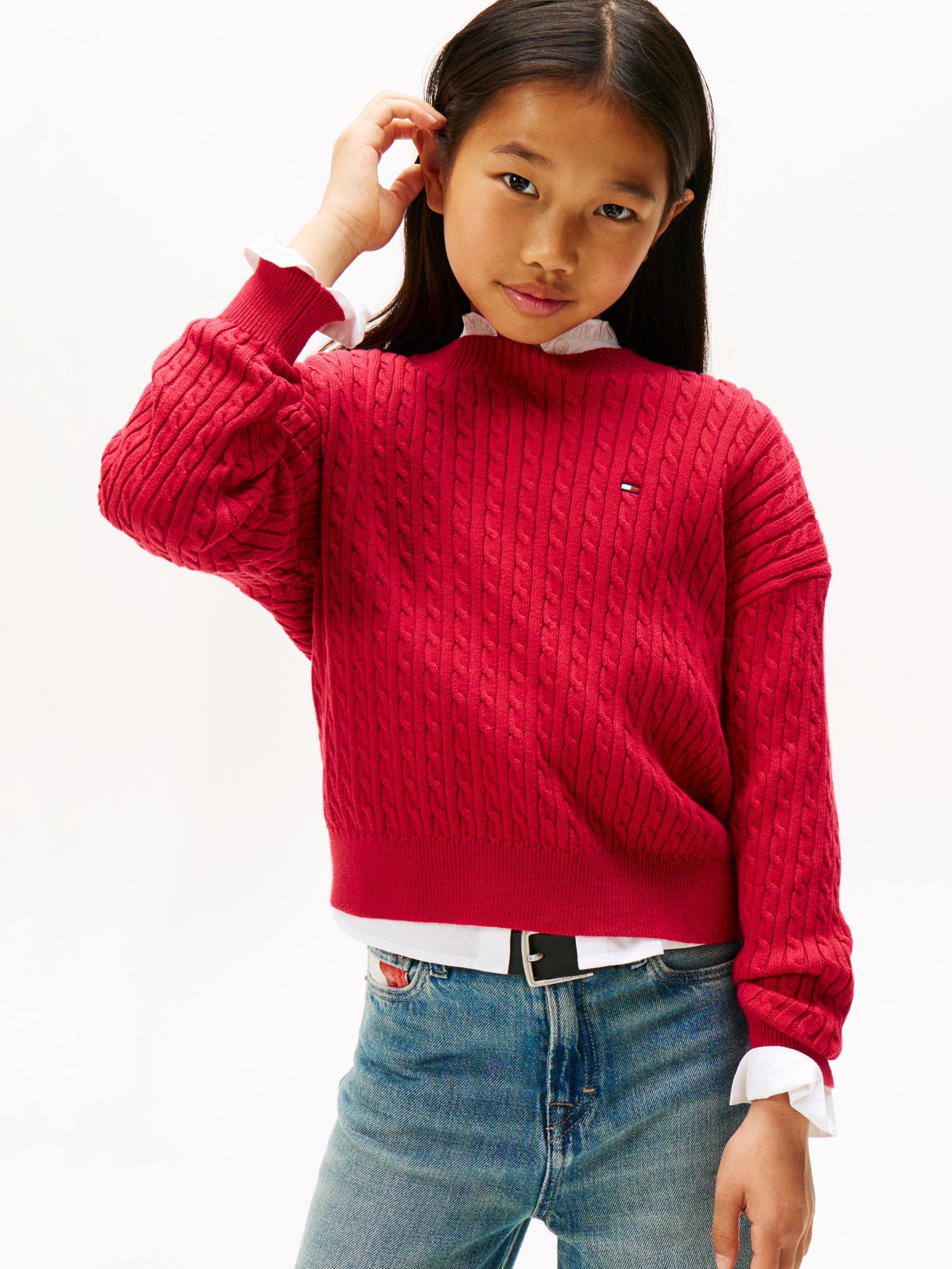 Tommy Hilfiger Kids' Cotton Cable Knit Jumper, Ruby Rhubarb