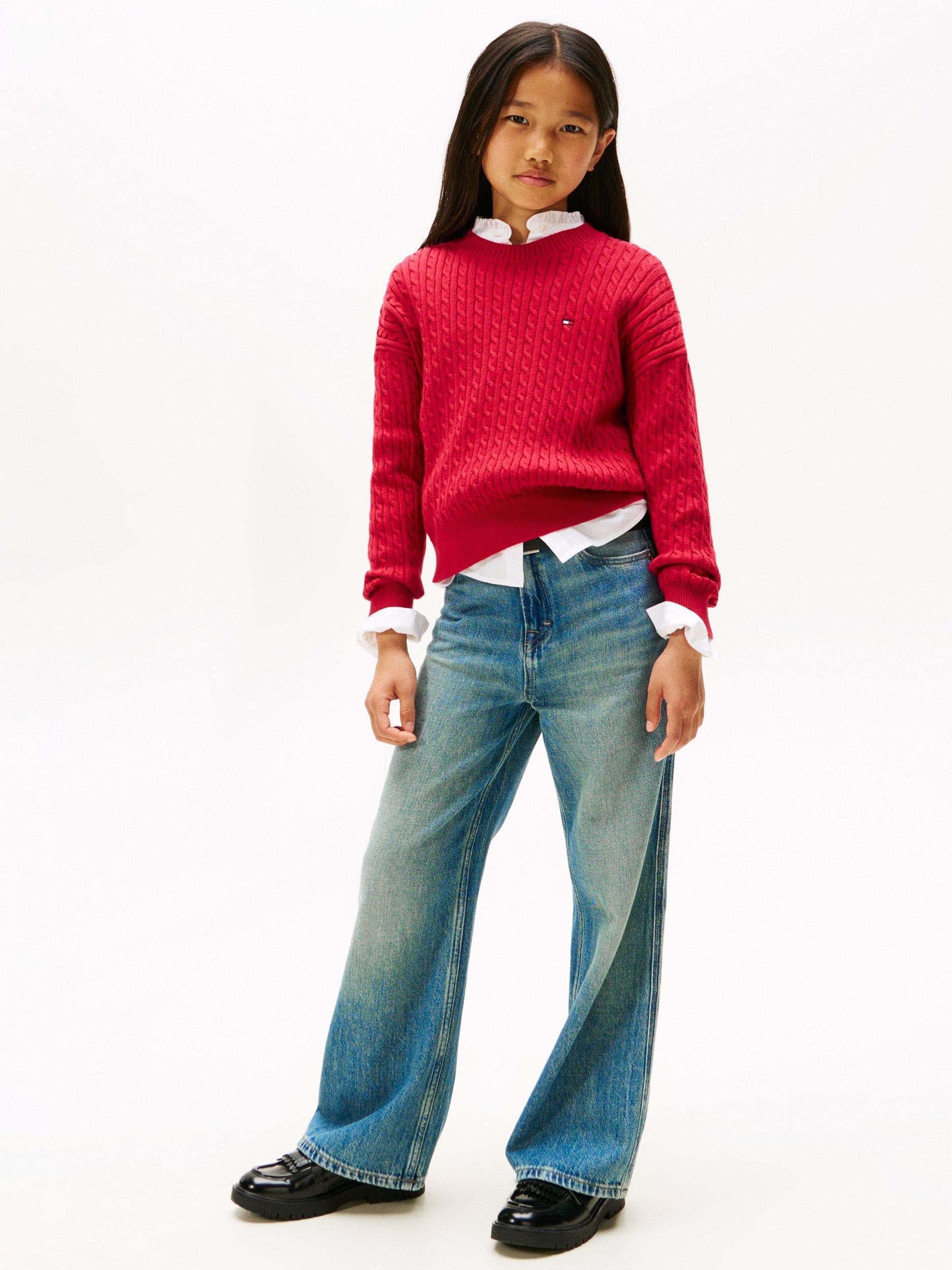 Tommy Hilfiger Kids' Cotton Cable Knit Jumper, Ruby Rhubarb