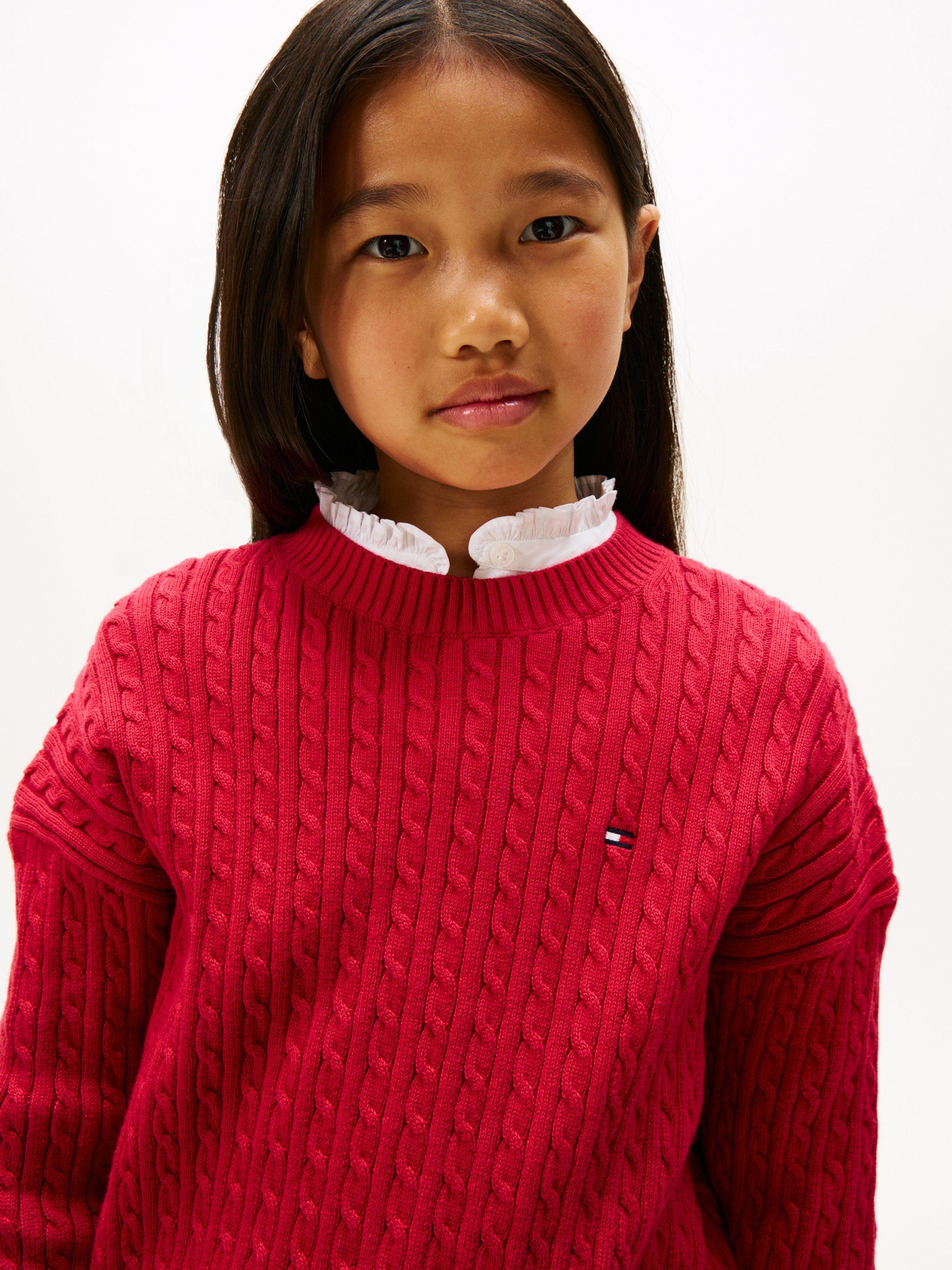 Tommy Hilfiger Kids' Cotton Cable Knit Jumper, Ruby Rhubarb
