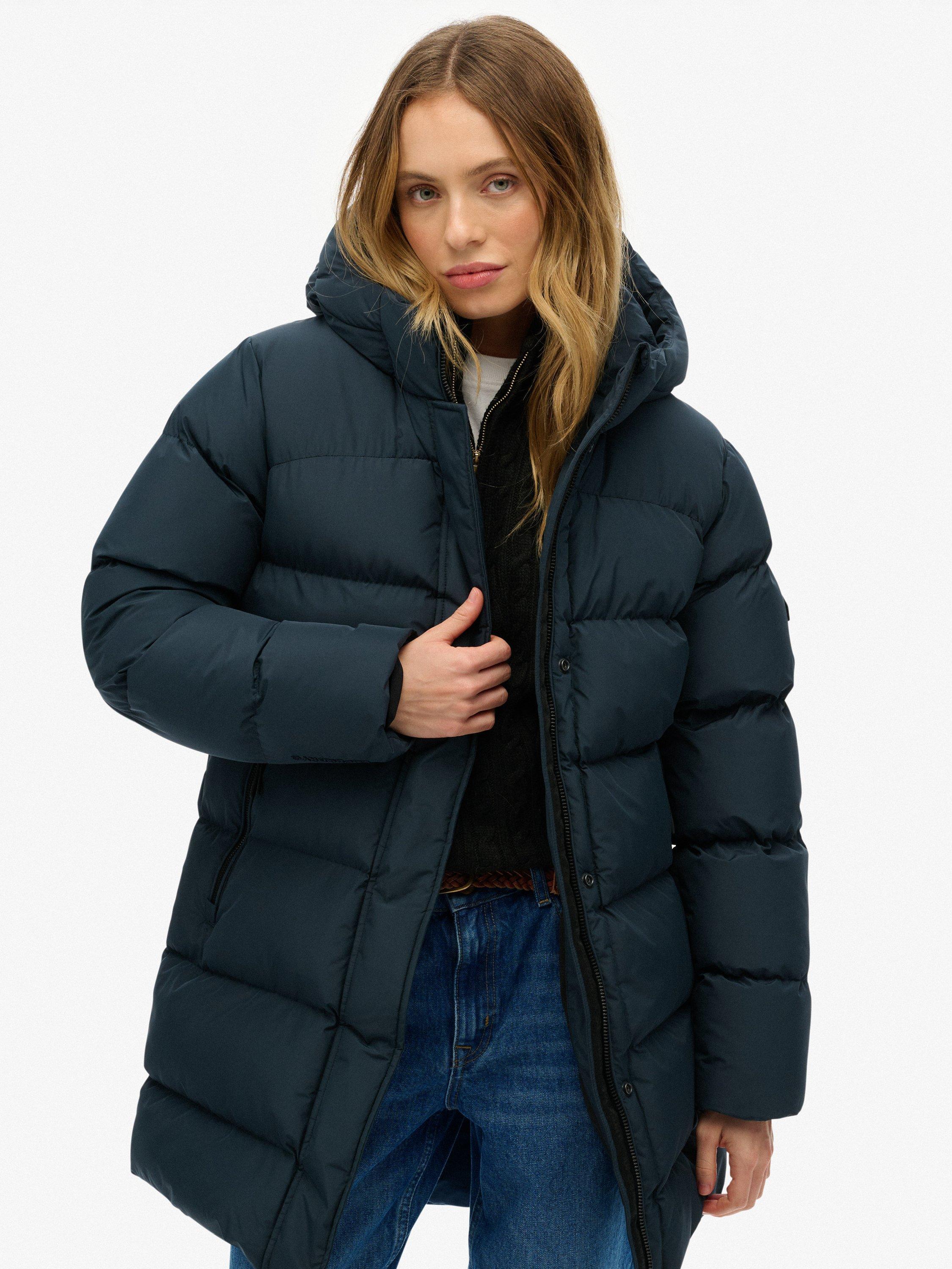 Superdry Hooded Sports Puffer Mid Length Jacket, Blueberry Navy