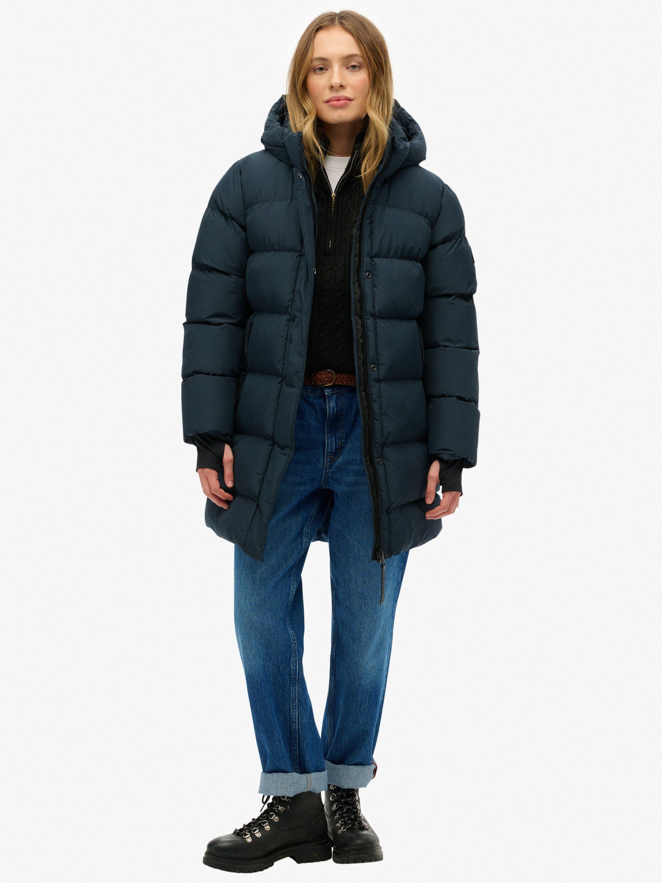 Superdry Hooded Sports Puffer Mid Length Jacket, Blueberry Navy