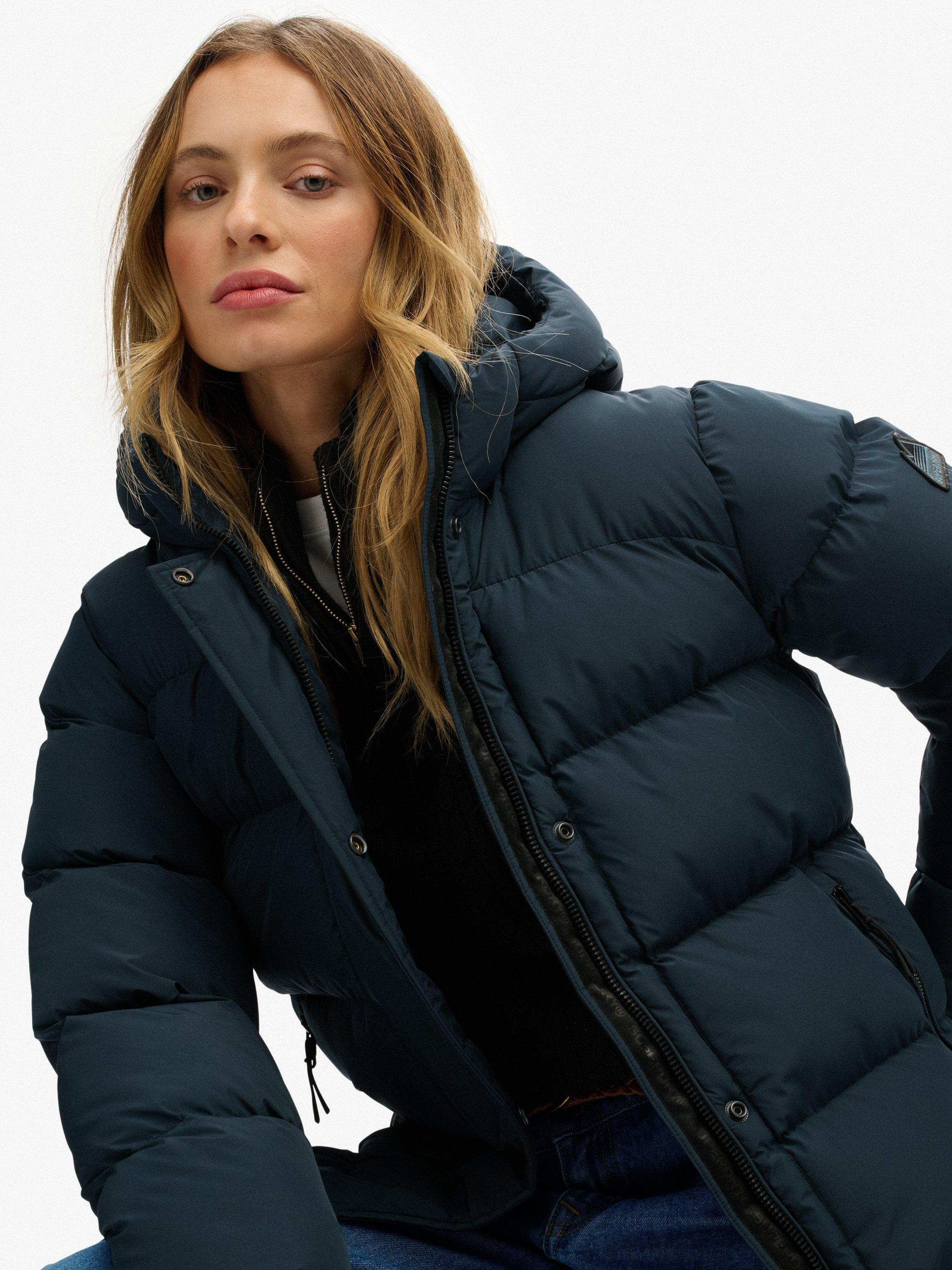 Superdry Hooded Sports Puffer Mid Length Jacket, Blueberry Navy