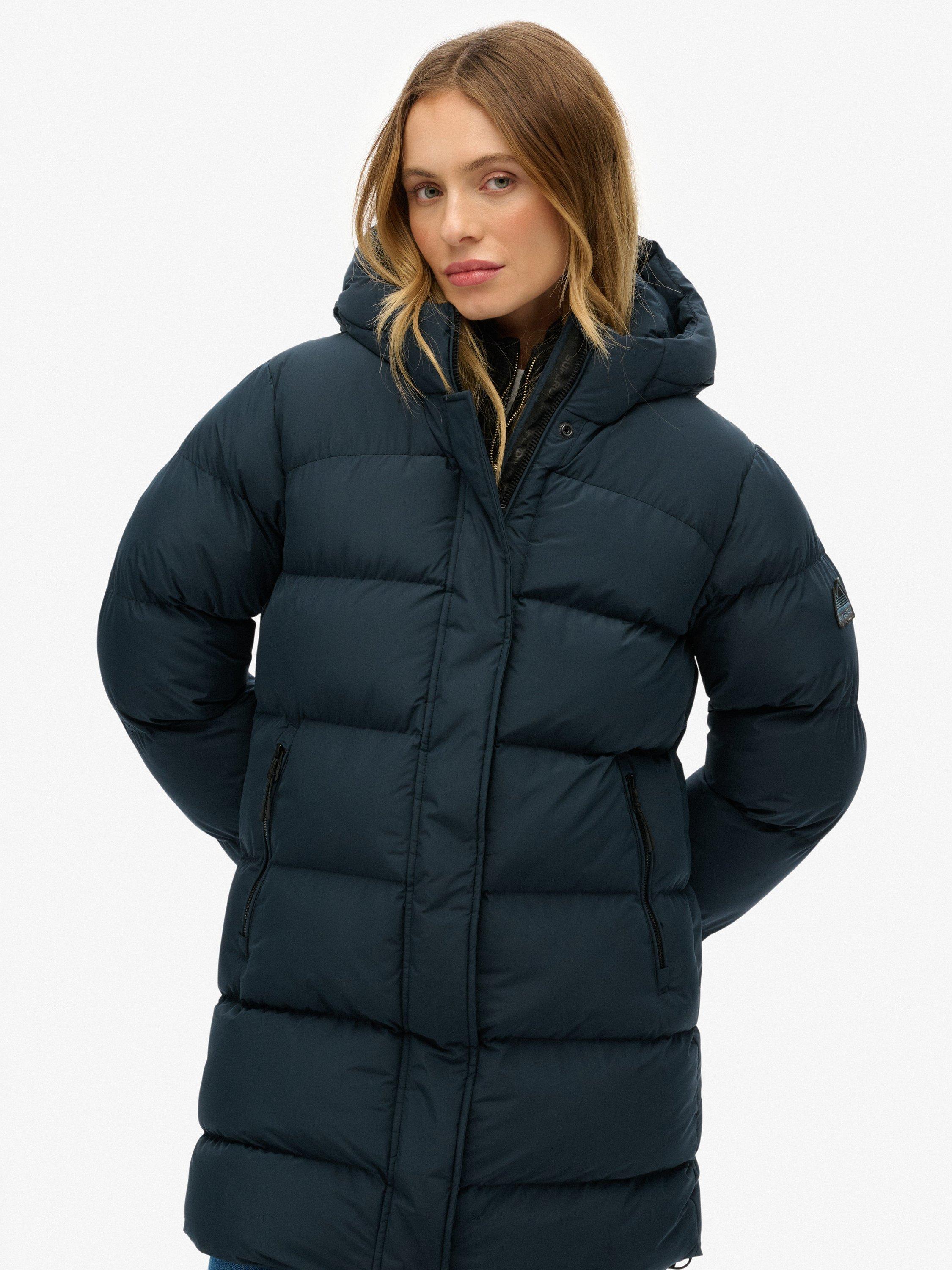 Superdry Hooded Sports Puffer Mid Length Jacket, Blueberry Navy