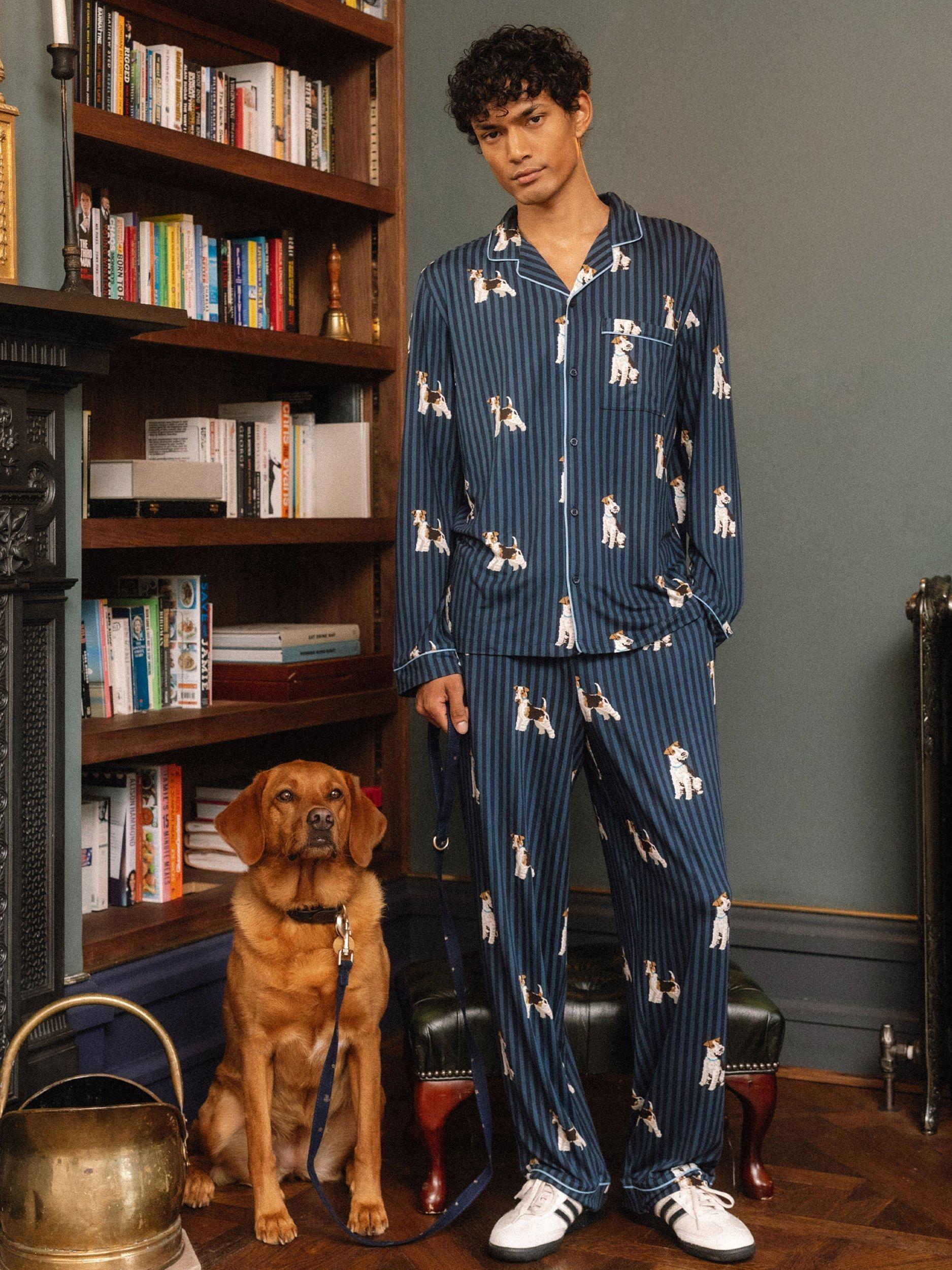 Chelsea Peers Terrier Dog Stripe Print Pyjama Set, Navy