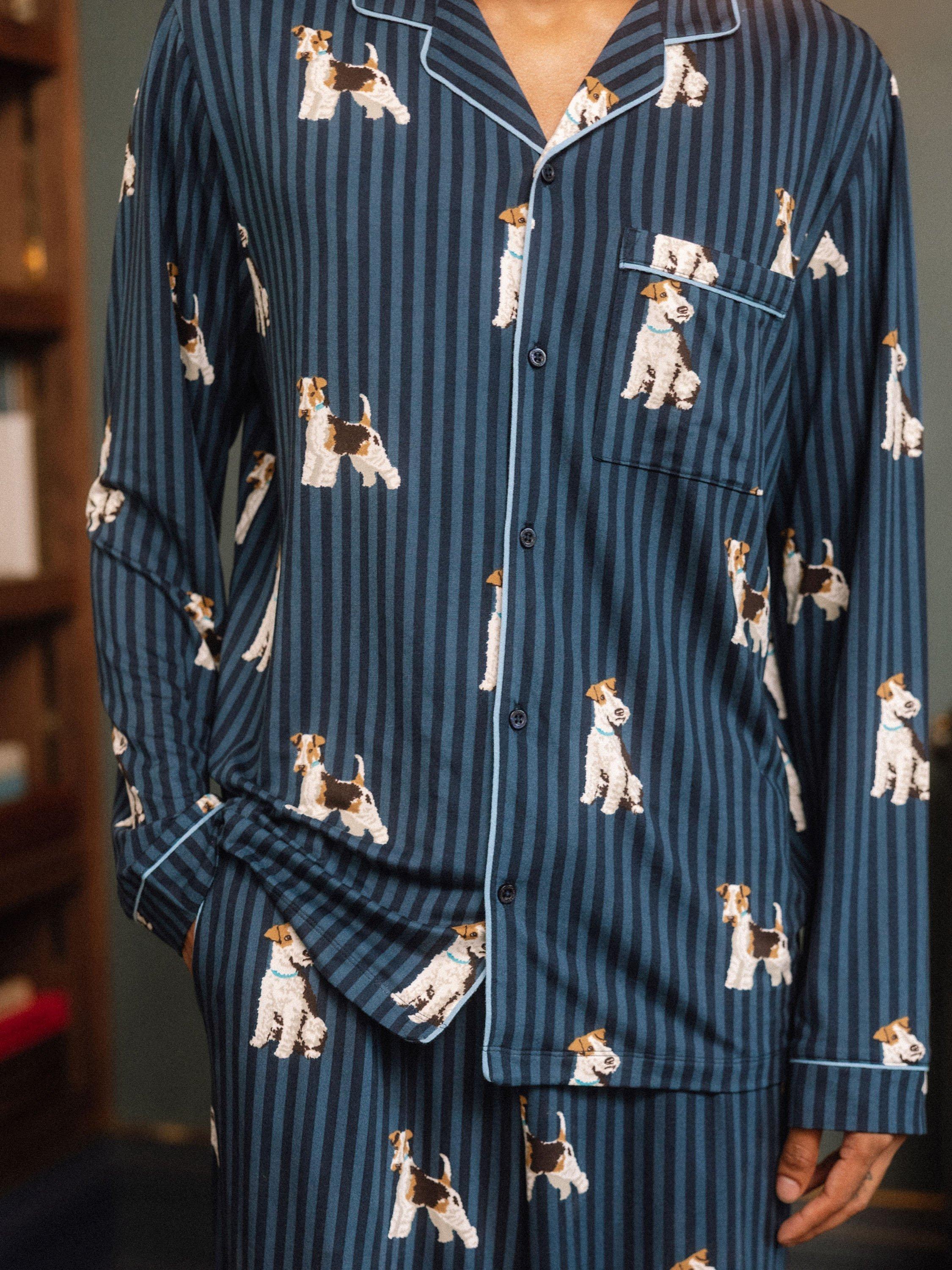 Chelsea Peers Terrier Dog Stripe Print Pyjama Set, Navy