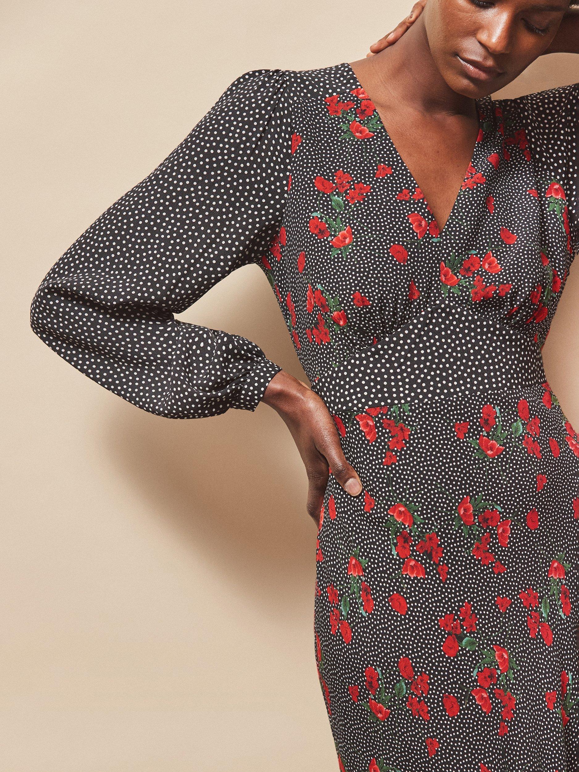Ro&Zo Floral Polka Dot Long Sleeve V Neck Midi Dress