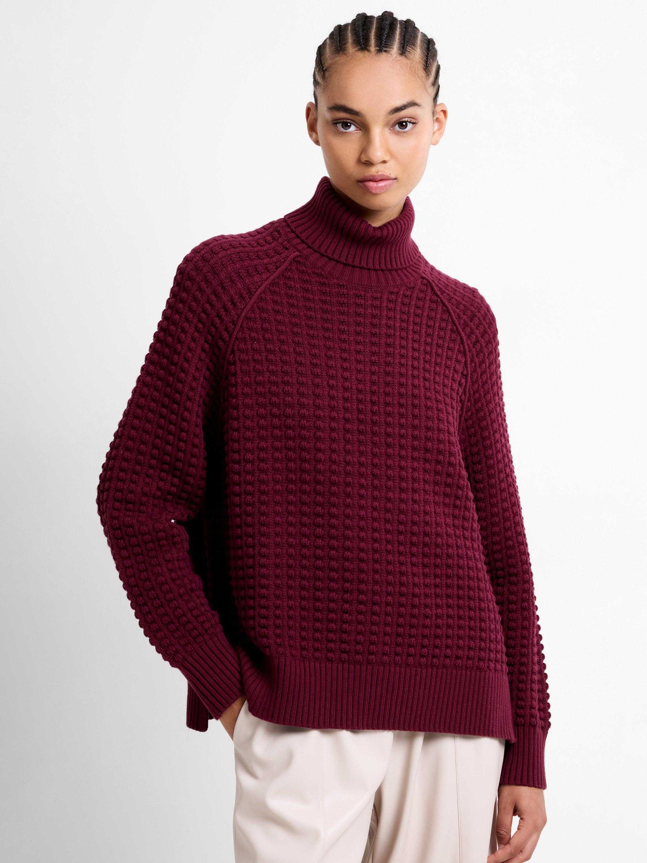 French Connection Keya Cotton Popcorn Knit Roll Neck Jumper, Bordeaux Red