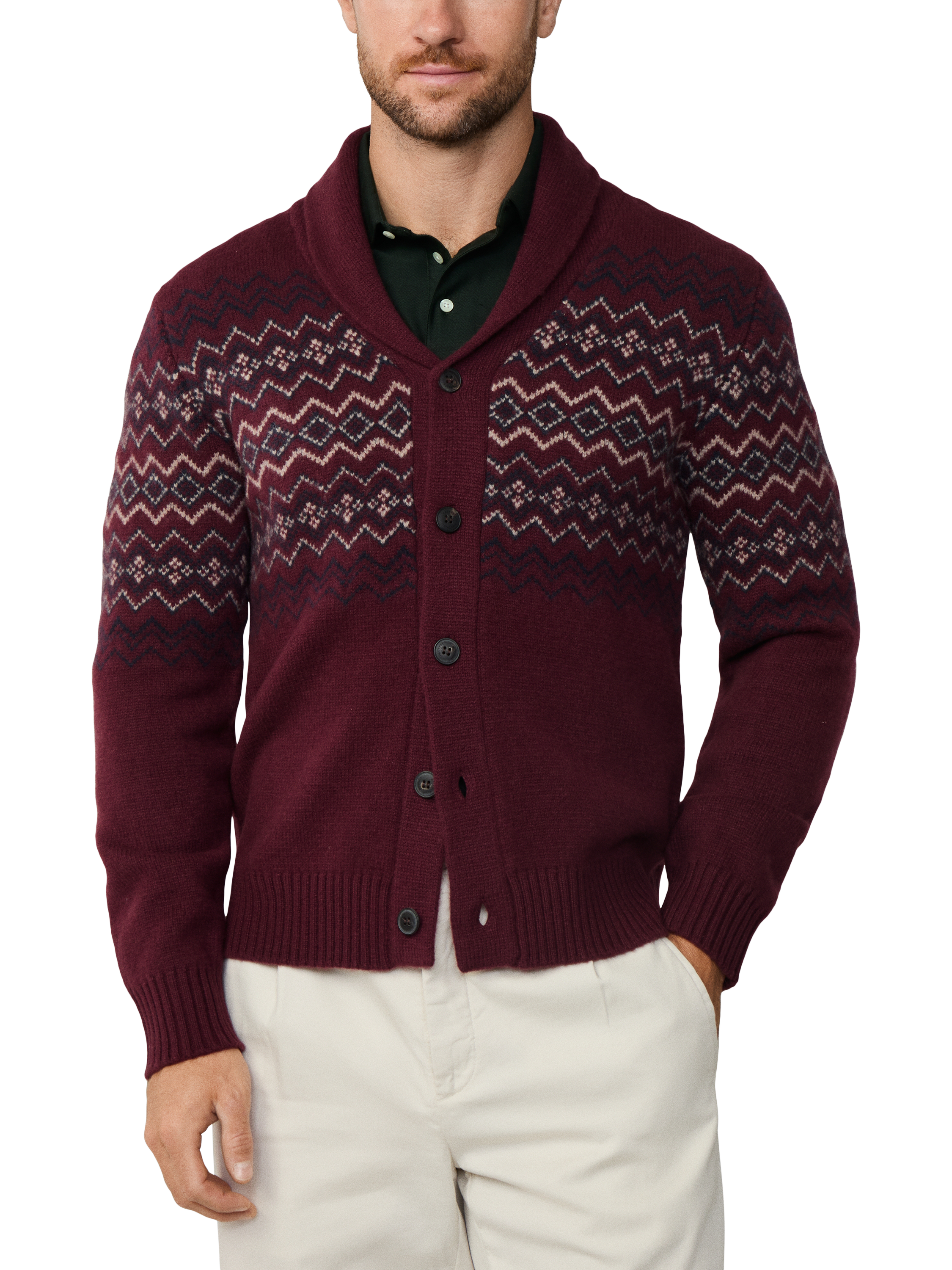 Hackett London Superfine Lambswool Knitted Fairisle Cardigan, Burgundy Red