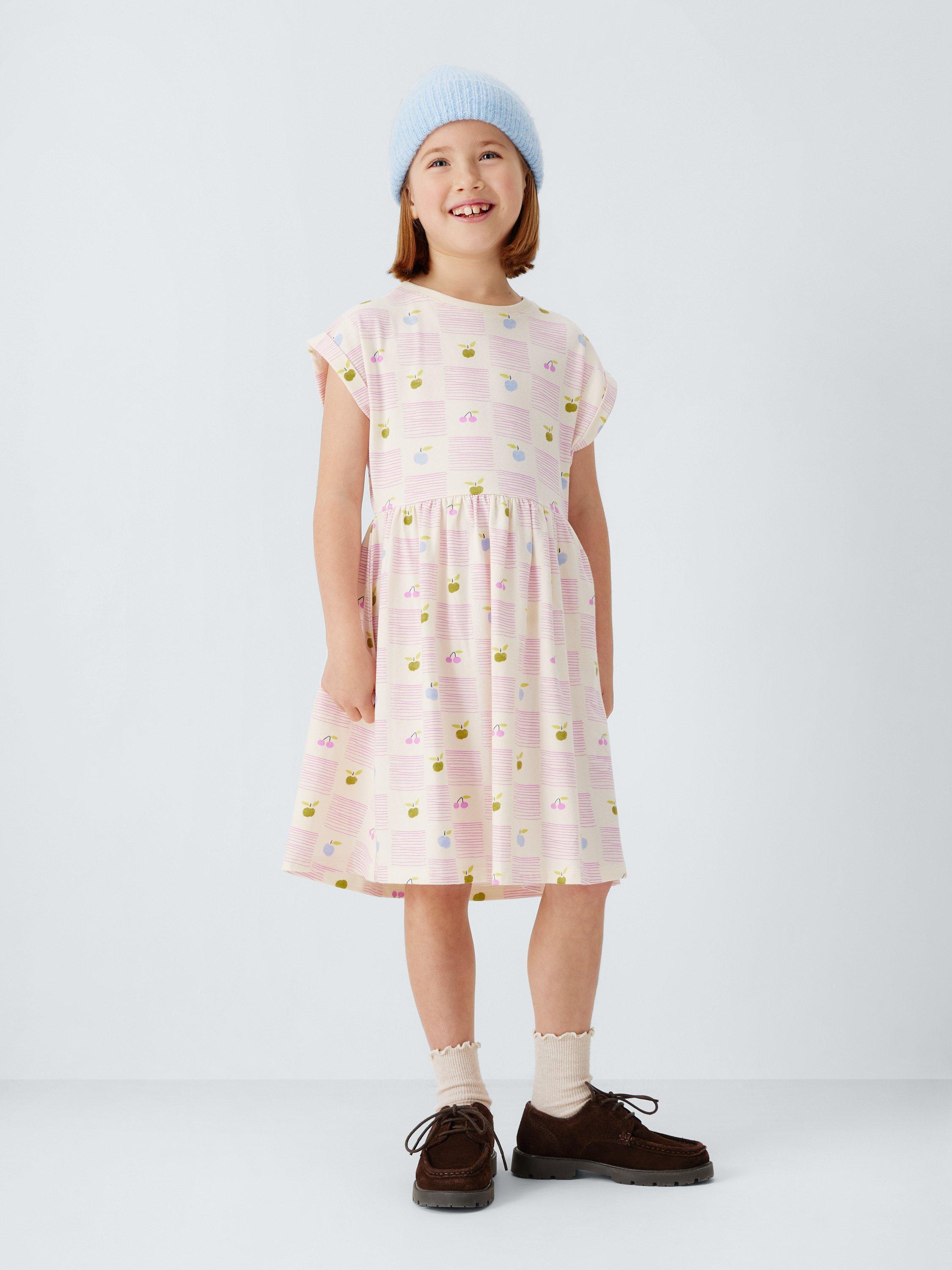 John Lewis Kids' Fruit Check Jersey Dress, Pink, White