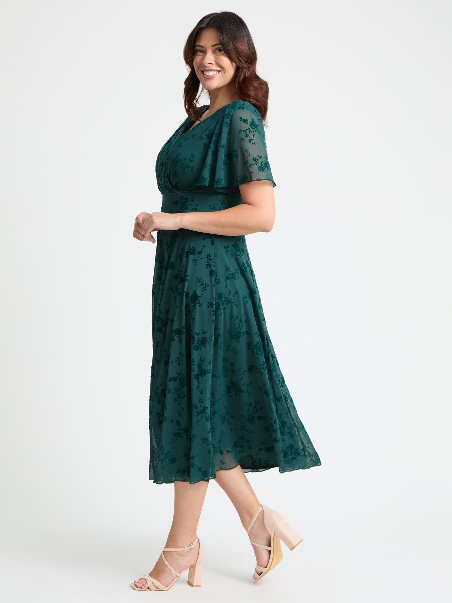 Scarlett & Jo Victoria Flock Angel Sleeve Midi Dress, Green