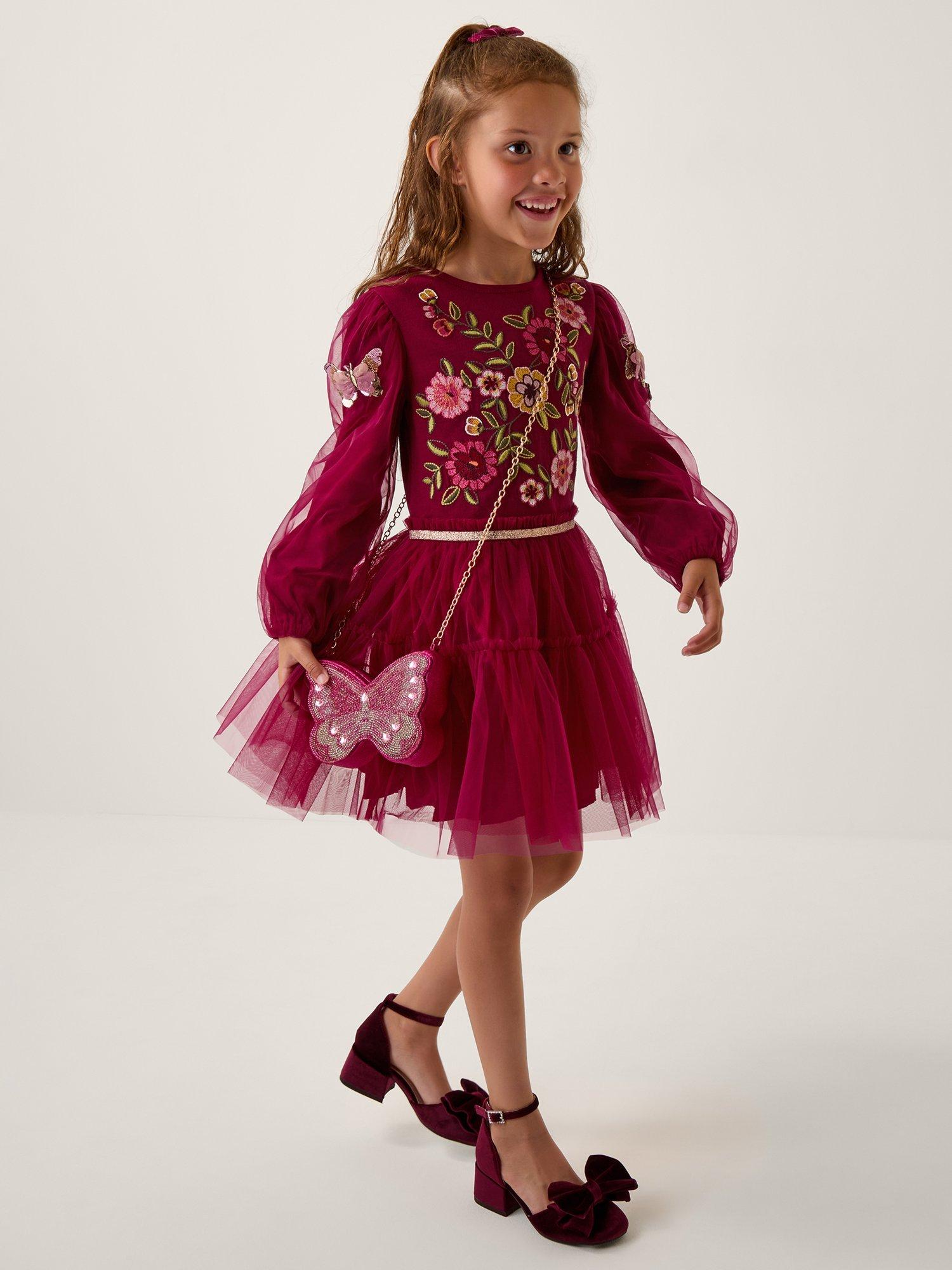 Monsoon Kids' Tulle Ruffle Disco Dress, Burgundy
