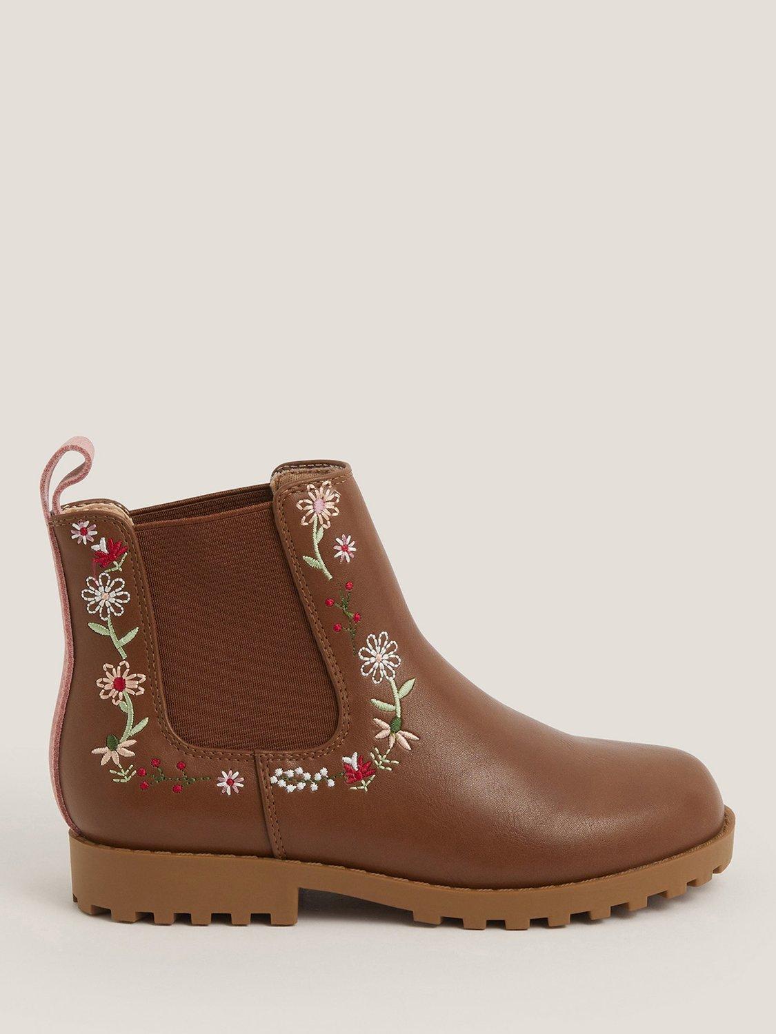 Monsoon Kids' Embroidered Flower Chelsea Boots, Tan