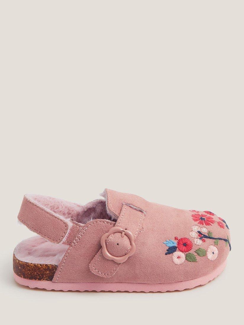 Monsoon Kids' Faux Fur Floral Embroidered Clogs, Pink