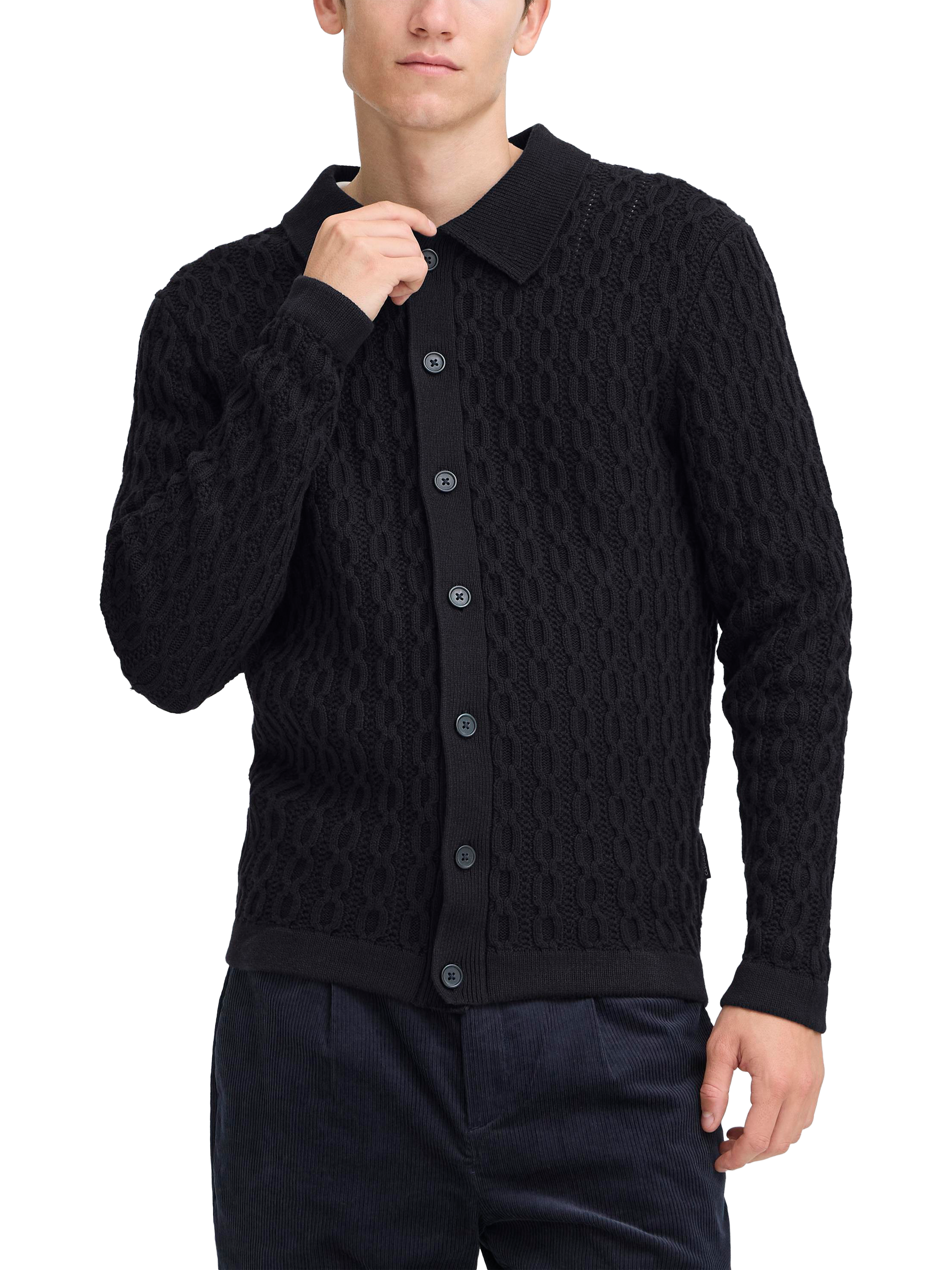 Casual Friday Toke Cotton Cable Knit Collared Cardigan, Dark Navy