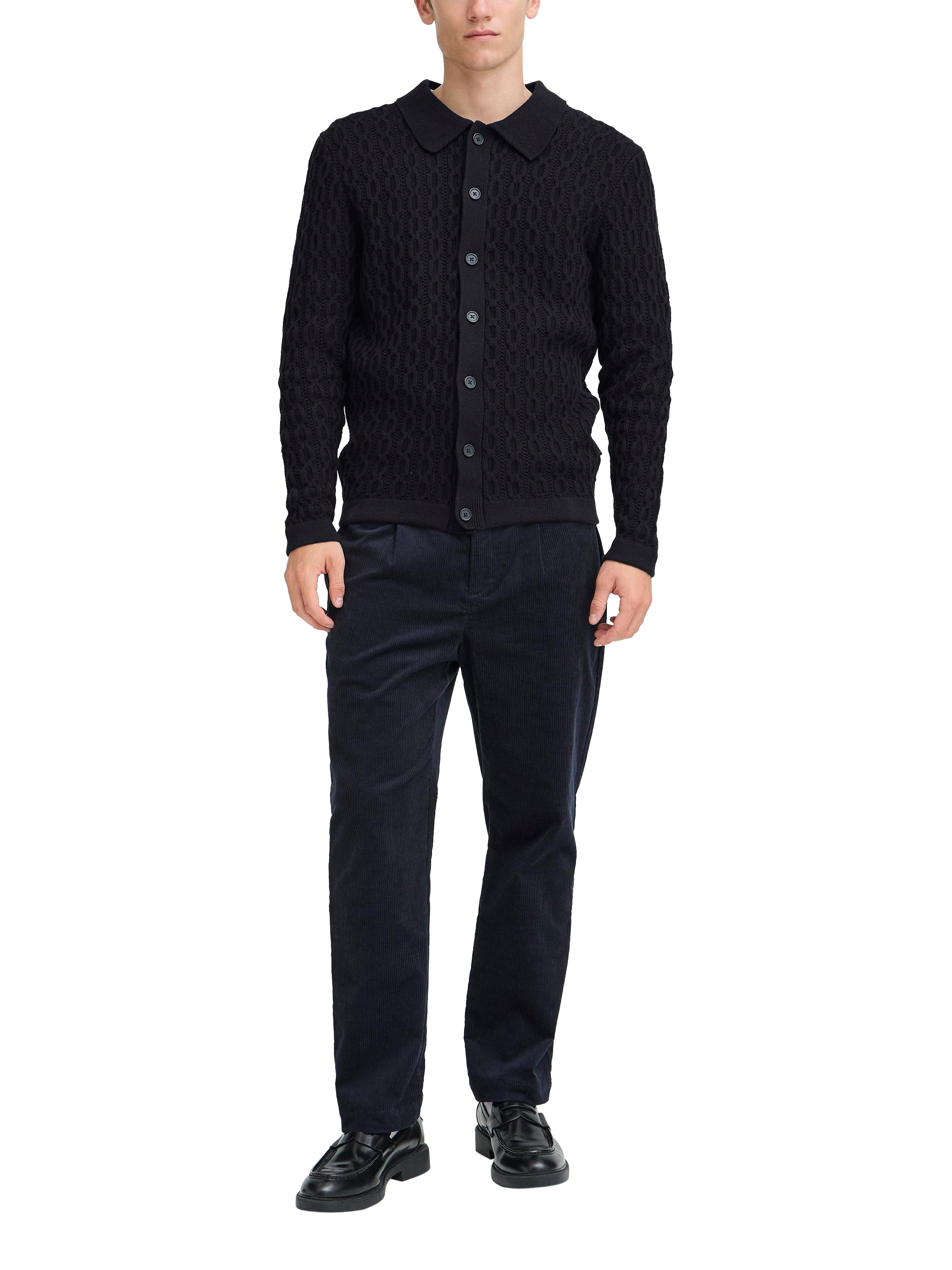 Casual Friday Toke Cotton Cable Knit Collared Cardigan, Dark Navy