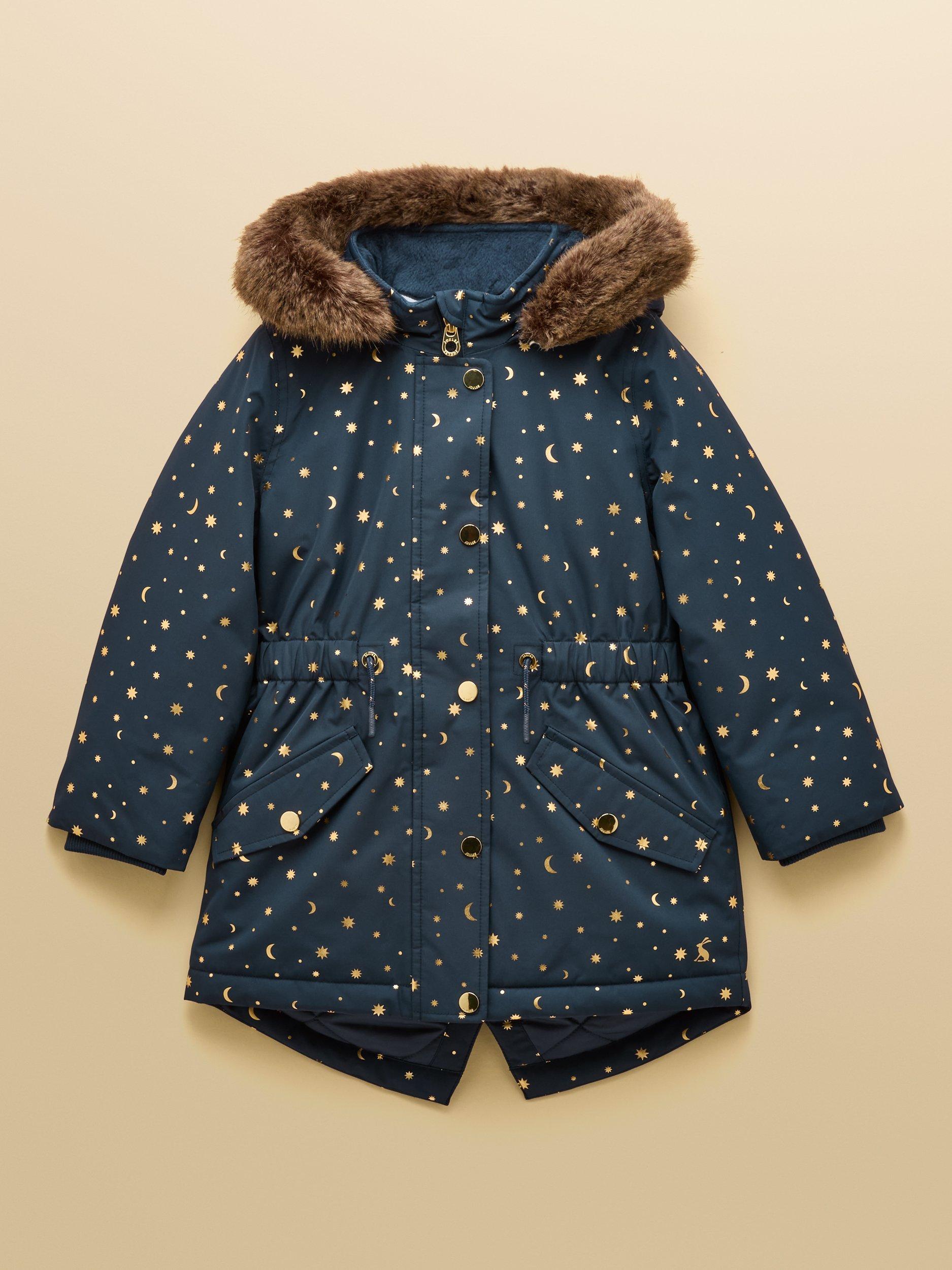 Joules Kids' Hooded Moon Star Print Coat, Navy
