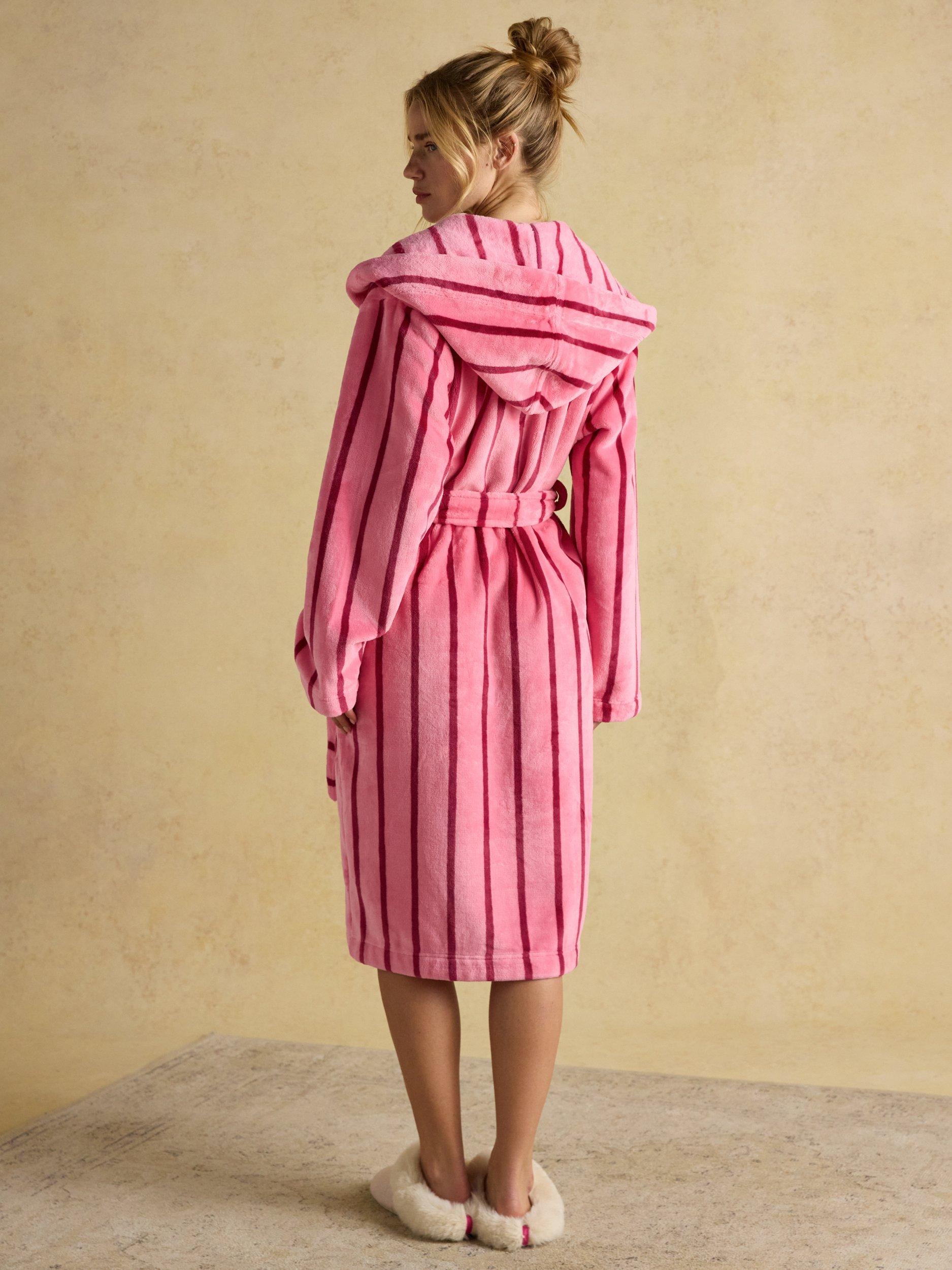 Joules Luna Stripe Fleece Dressing Gown, Pink