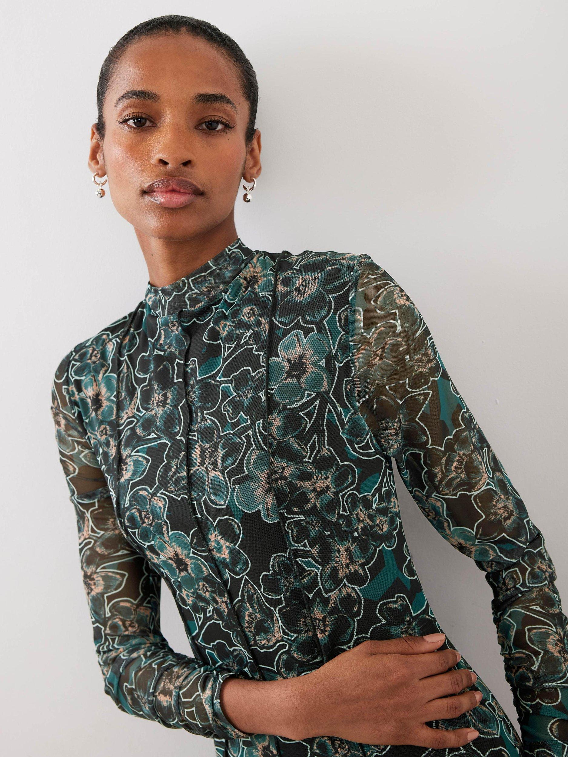 Mint Velvet Ruched Cuff Floral Midi Dress, Green/Multi