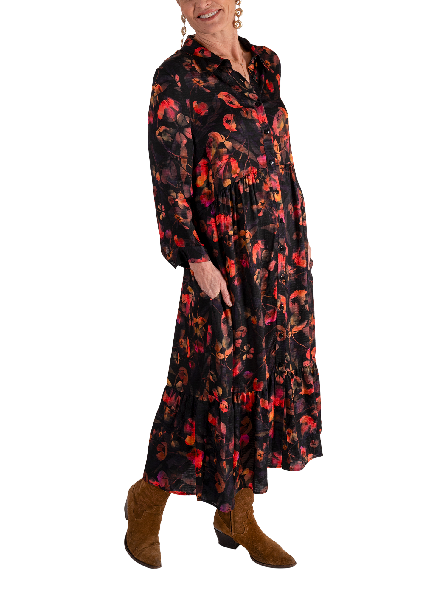chesca Floral Shirt Midi Dress, Black/Red