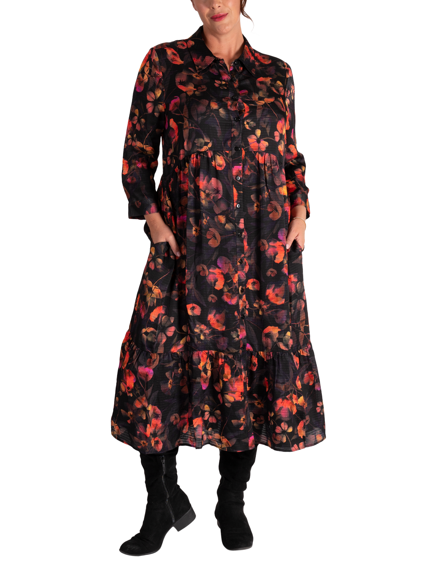 chesca Floral Shirt Midi Dress, Black/Red
