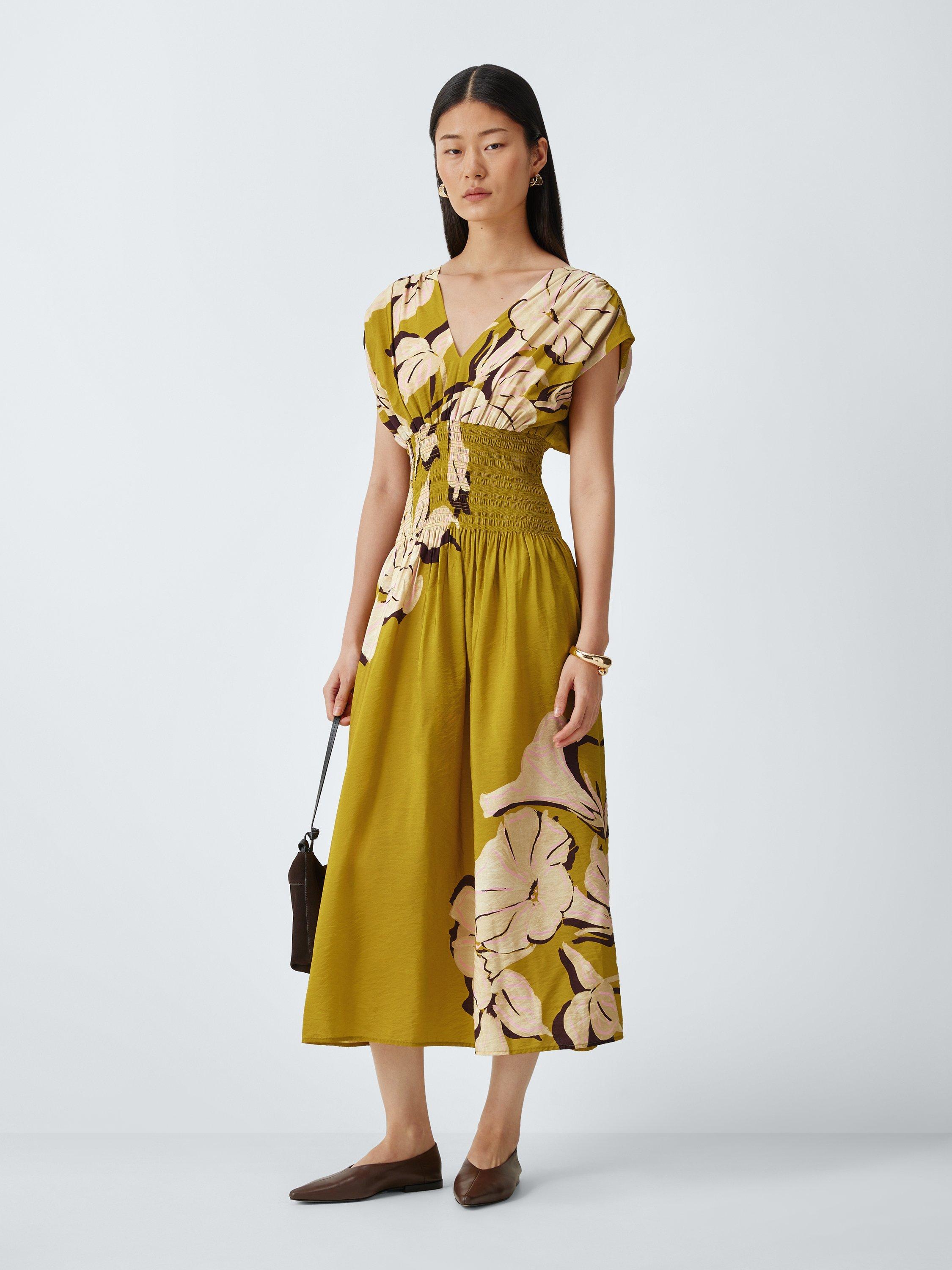 John Lewis Shirred Waist Placement Floral Print Midi Dress, Placement Print