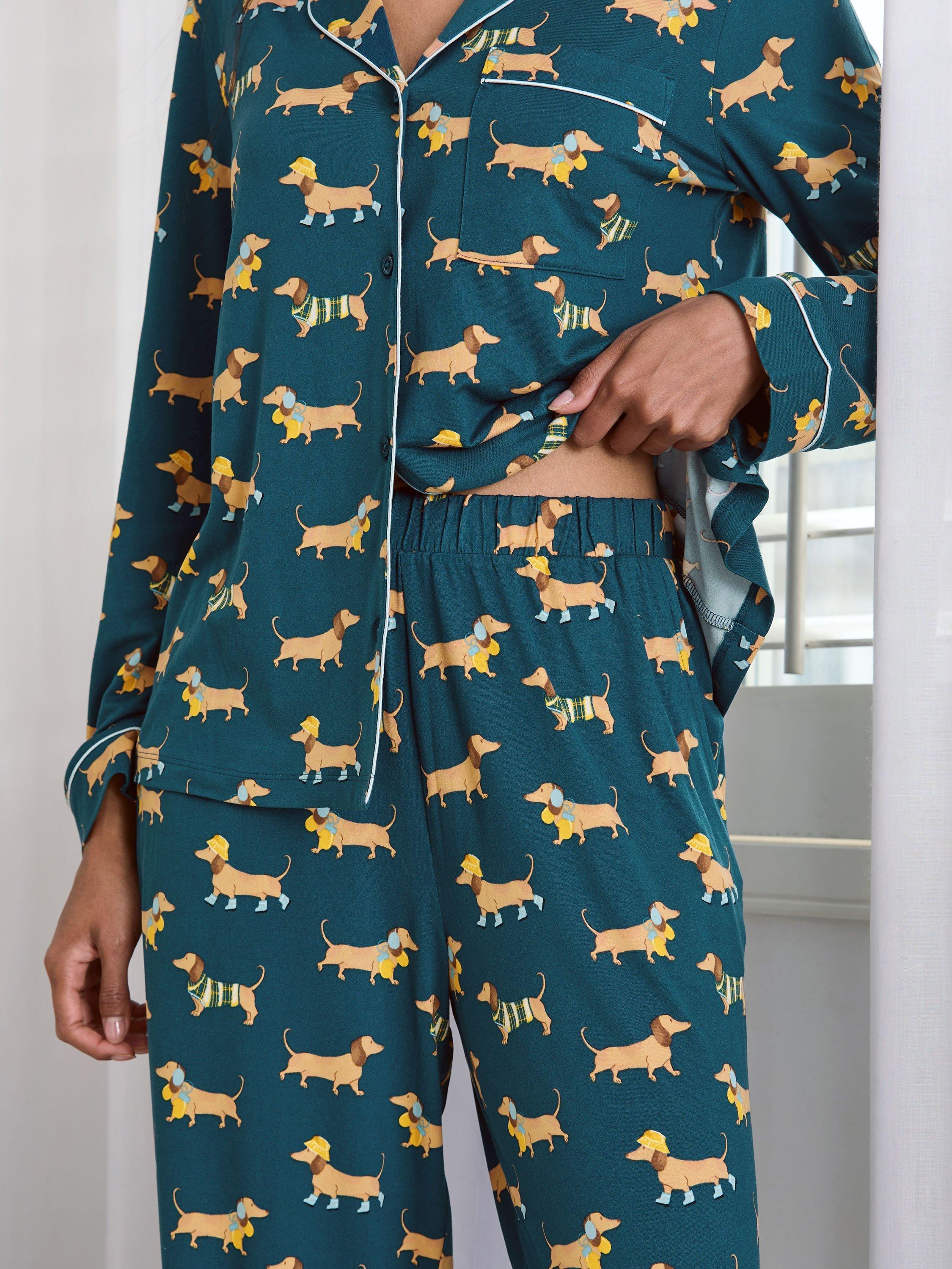 Chelsea Peers Sausage Dog Stroll Pyjamas, Teal/Multi