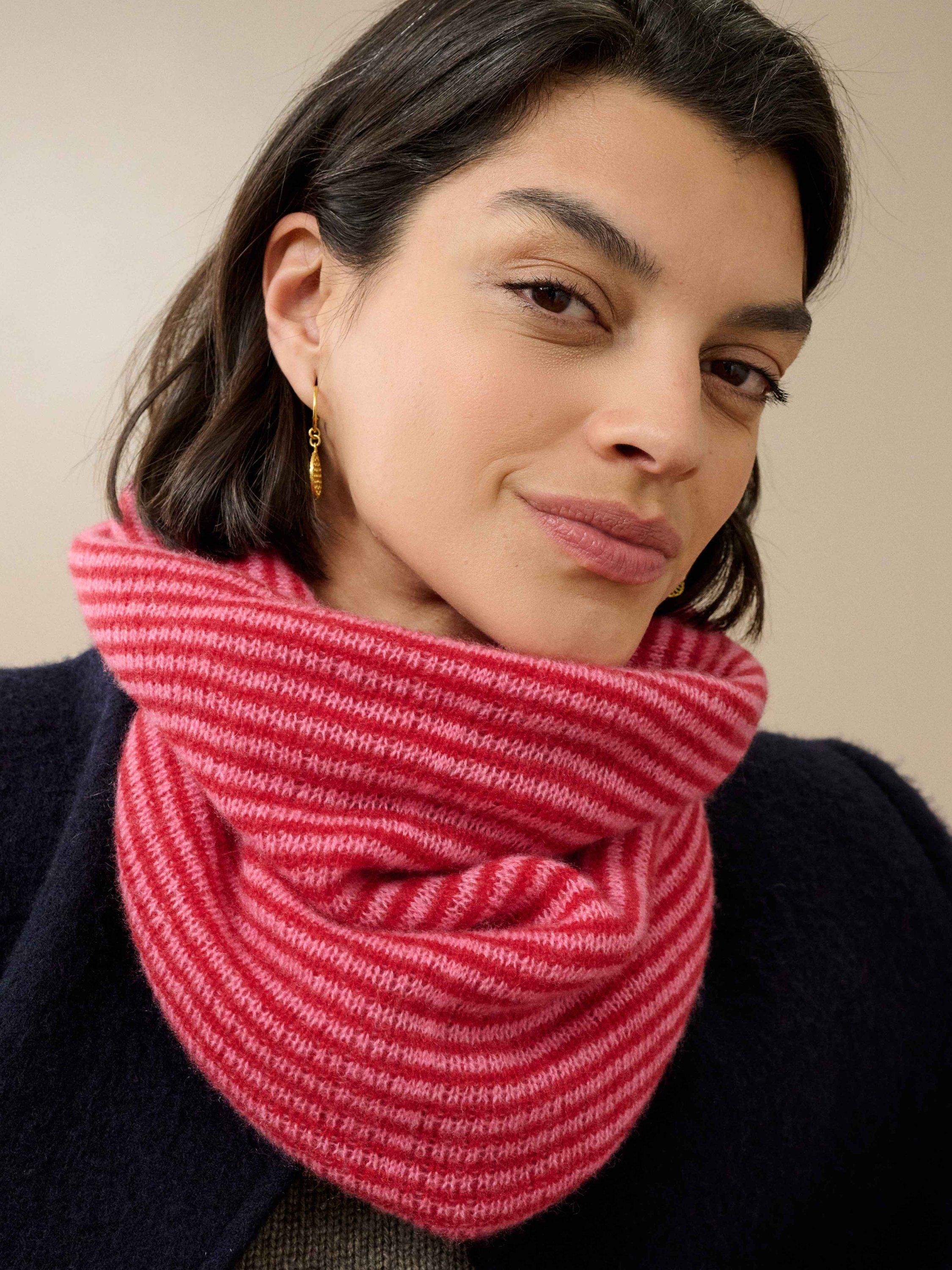 Brora Stripe Pure Cashmere Snood, Peony/Garnet, One Size