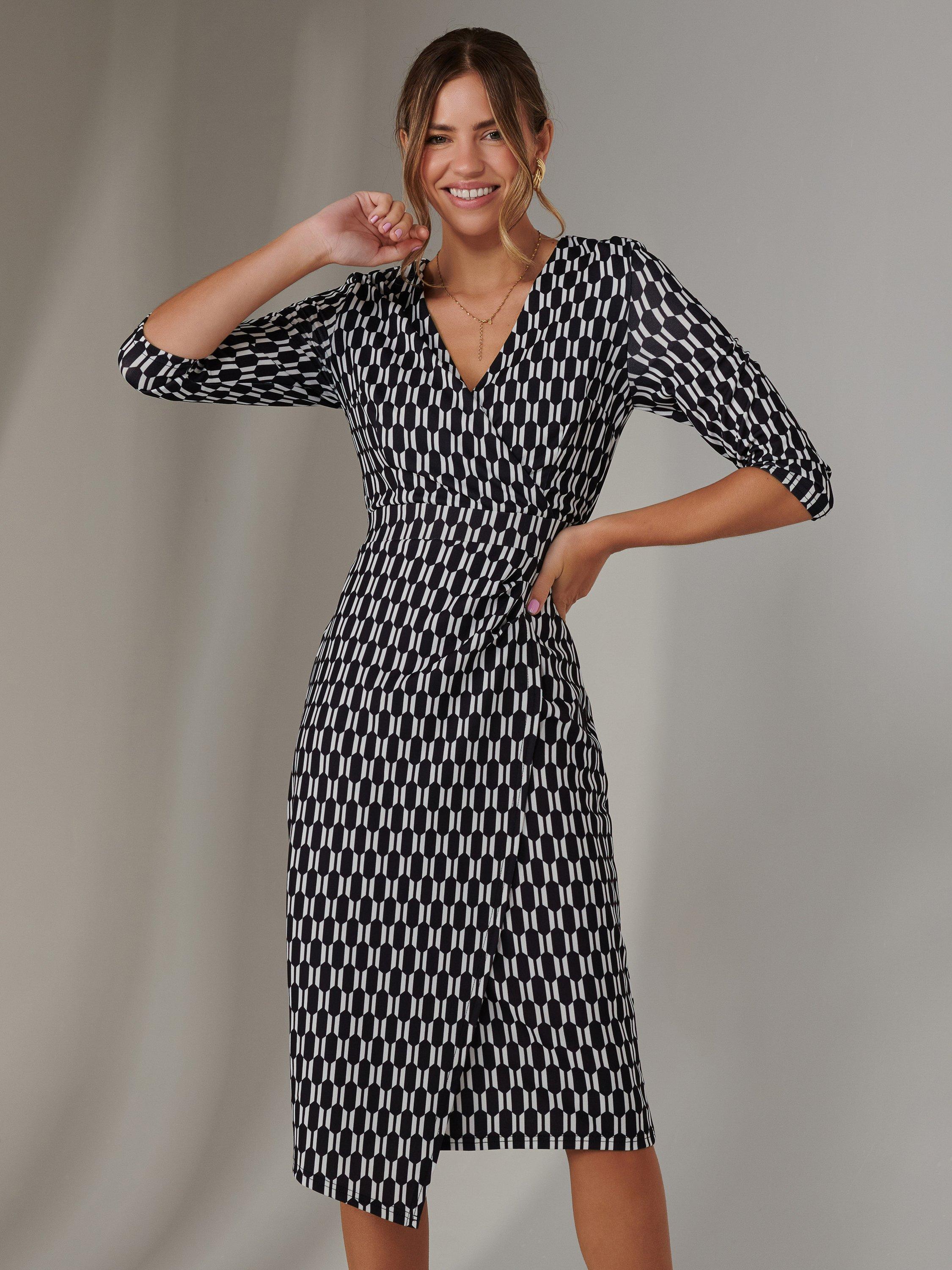 Jolie Moi Geometric Faux Wrap Shift Dress, Blackgeo