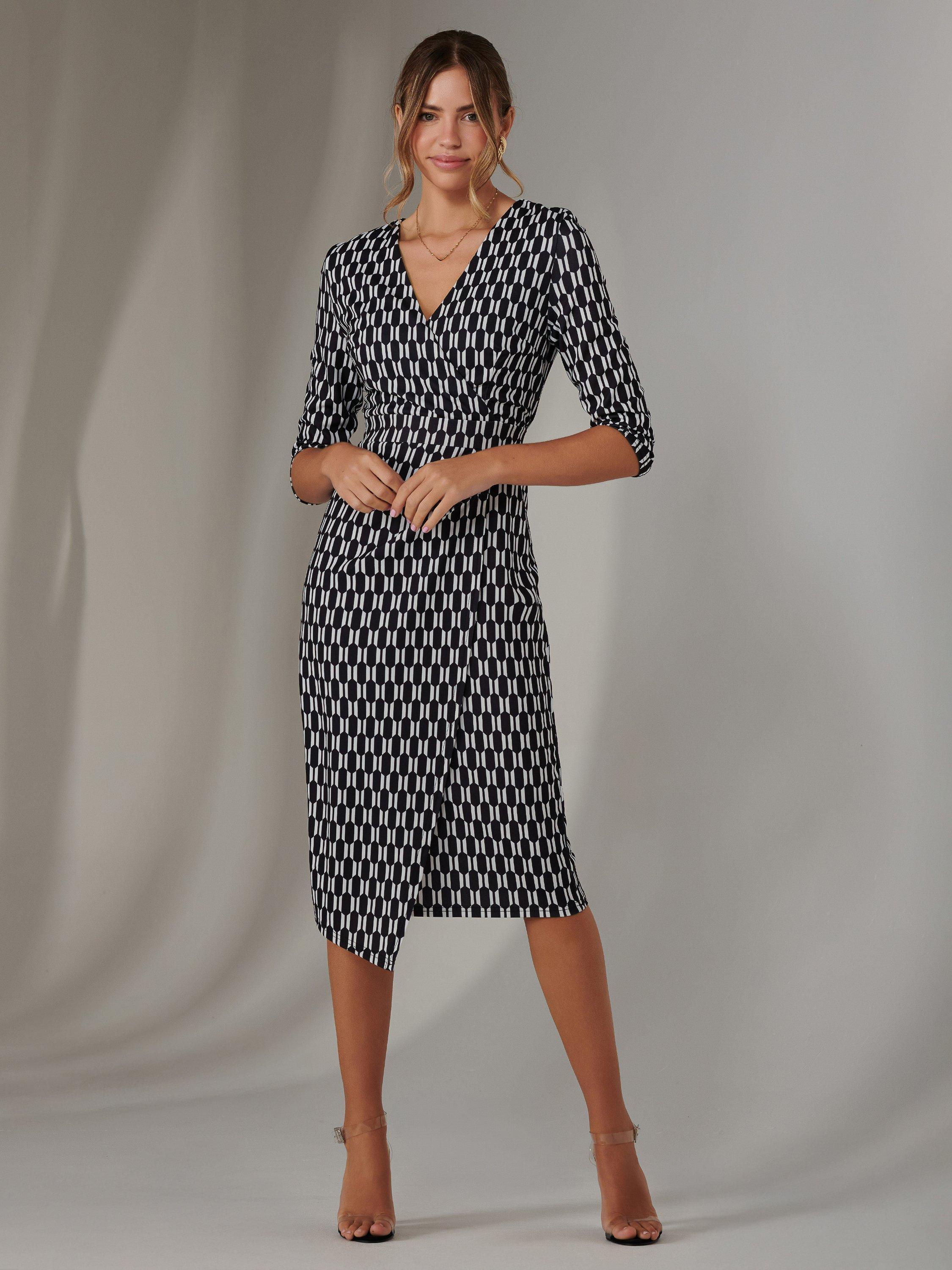 Jolie Moi Geometric Faux Wrap Shift Dress, Blackgeo