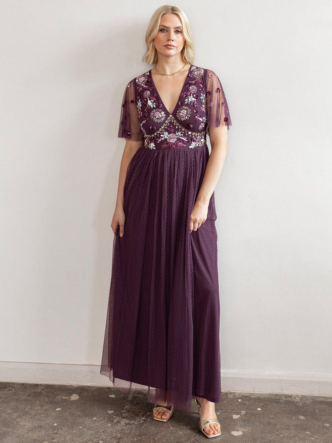 Maya Deluxe Embellished Spot Mesh Maxi Dress, Berry