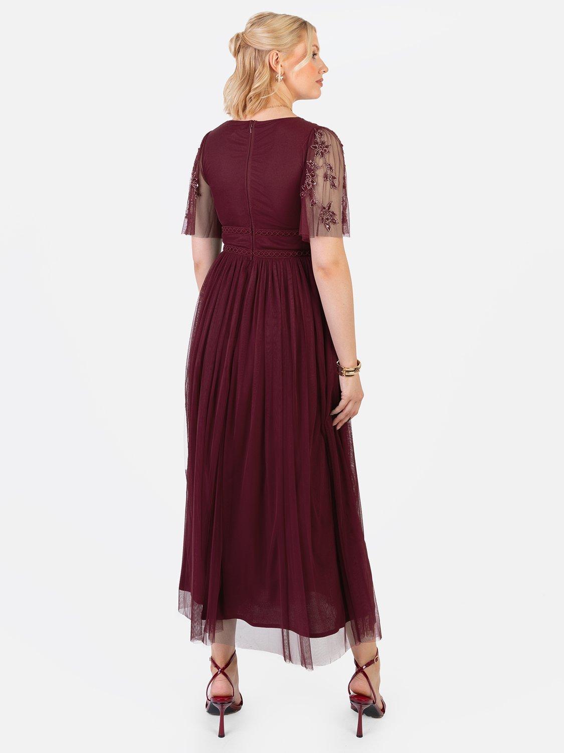 Maya Deluxe Embellished Lace Trim Midaxi Dress, Cranberry