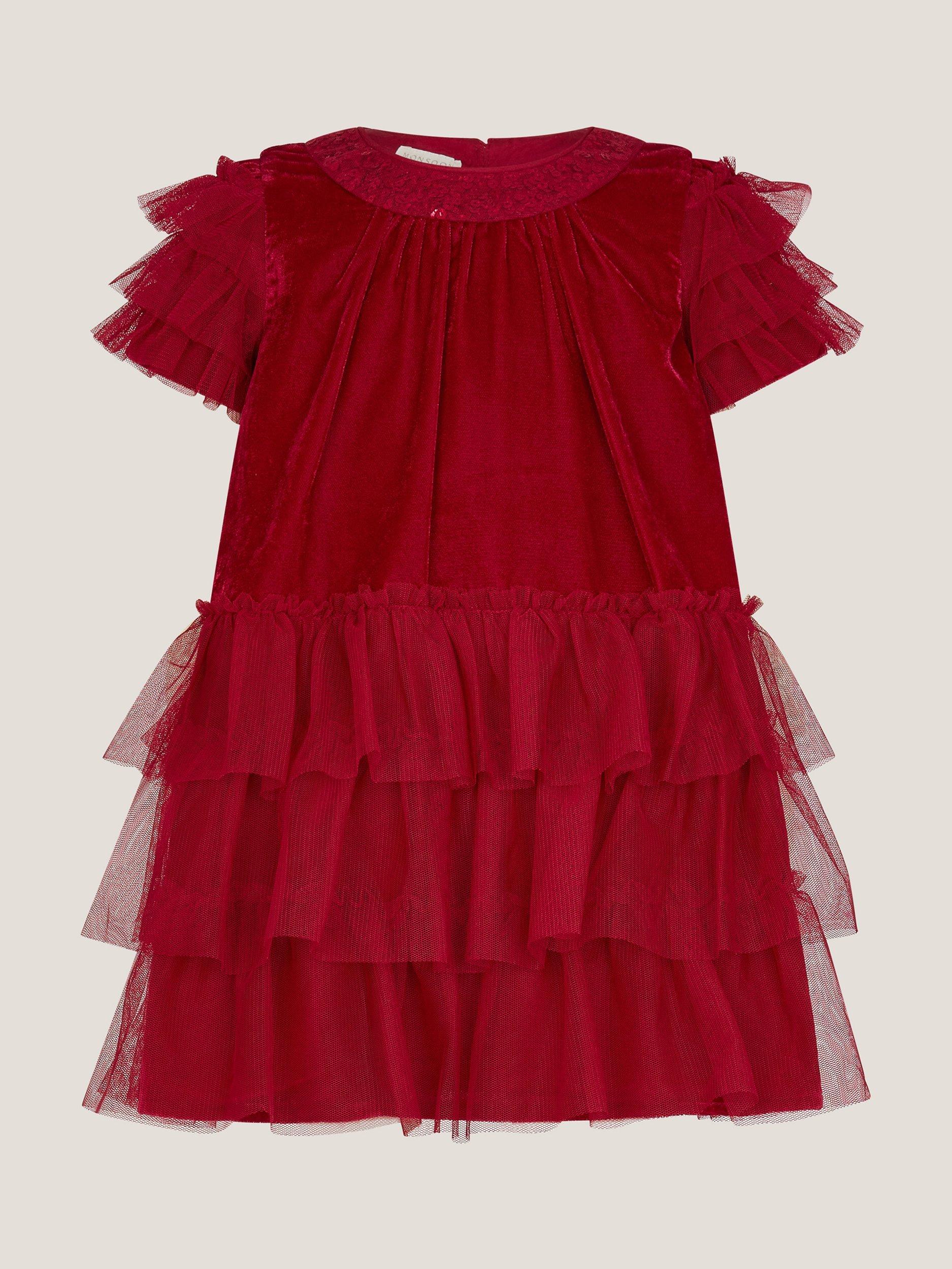 Monsoon Baby Alexandra Velvet Ruffle Party Dress, Red