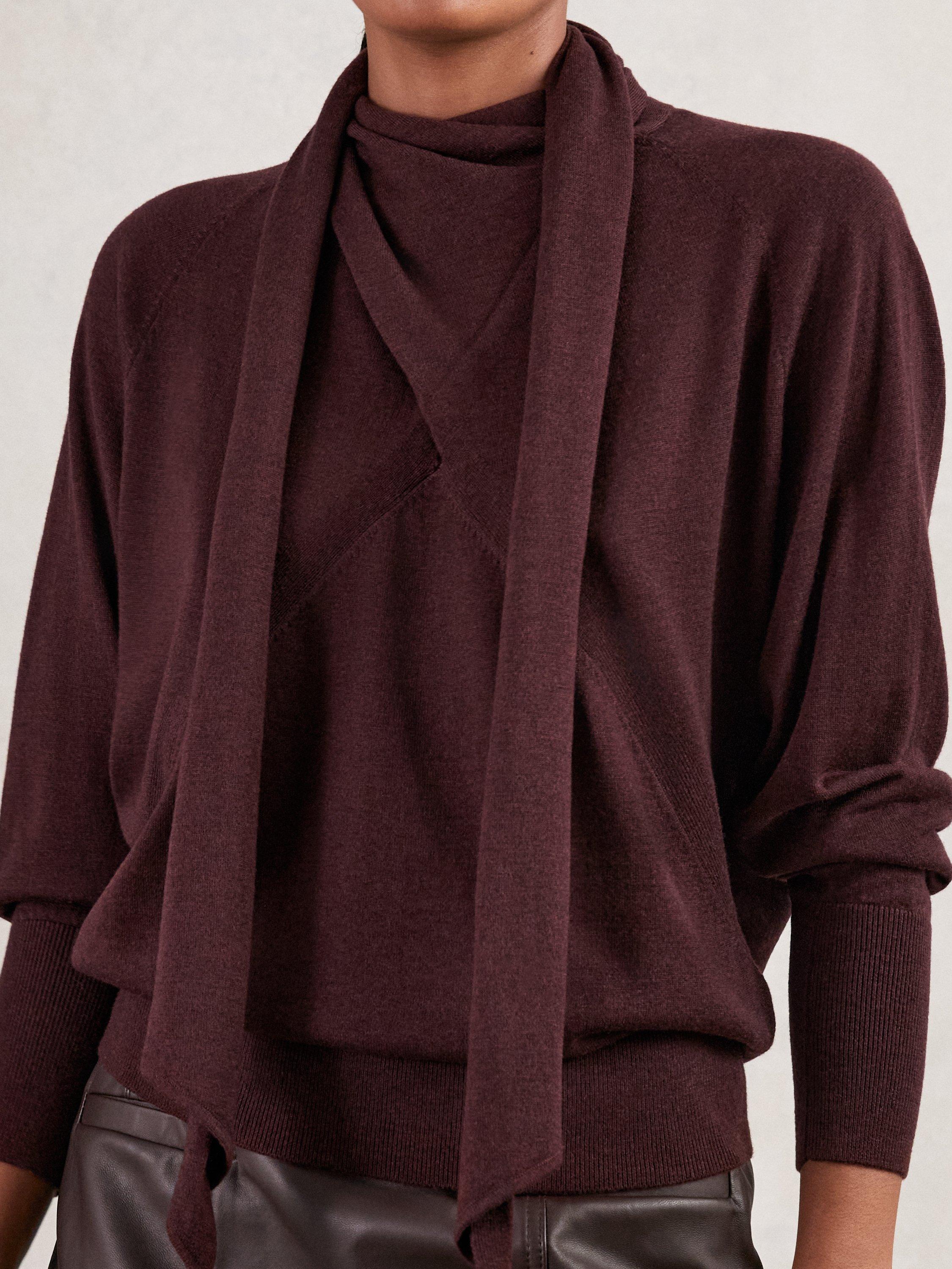 Reiss Alexis Tie Neck Pure Wool Top, Burgundy