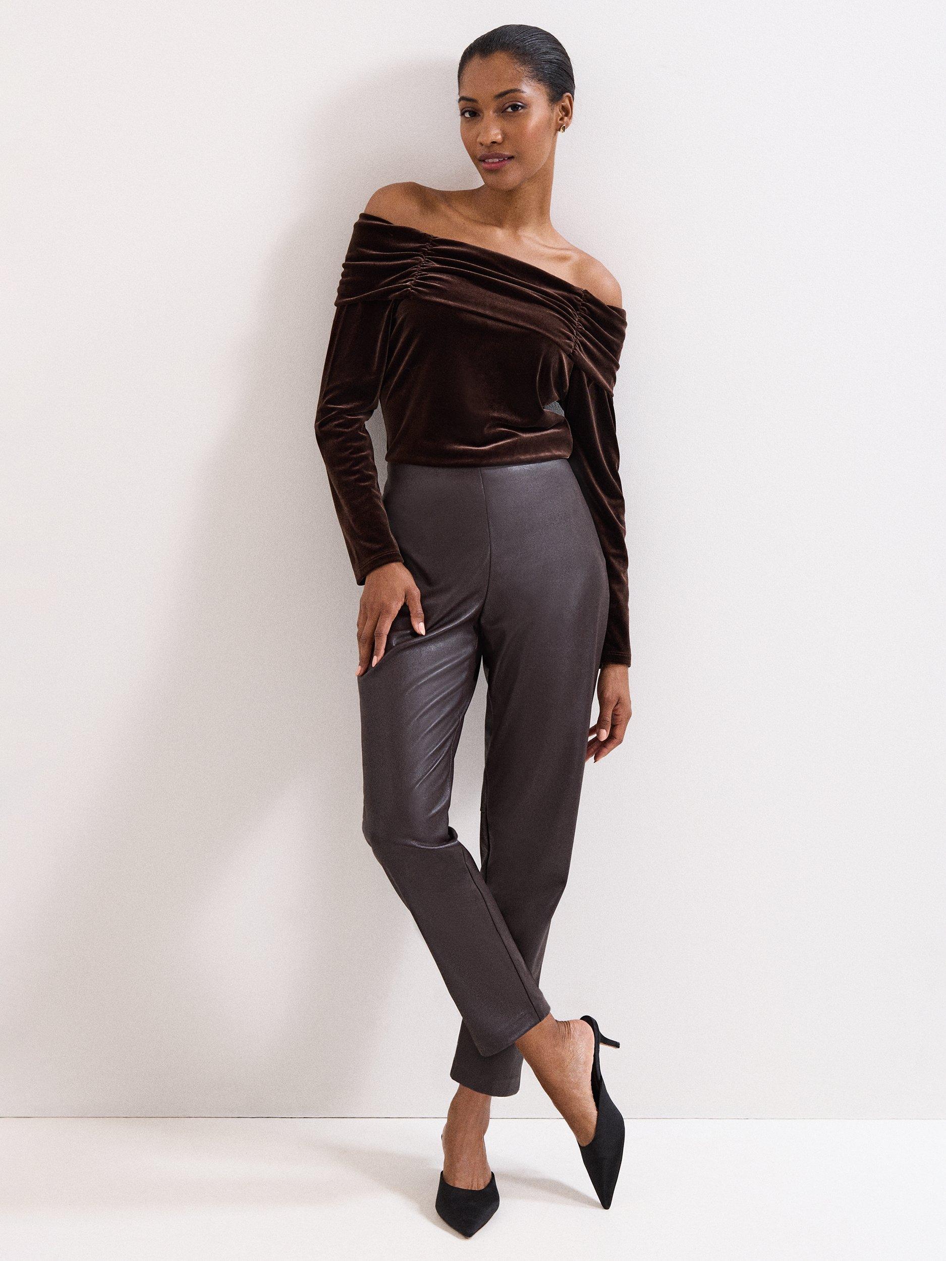 Phase Eight Mya Faux Leather Crop Trousers, Brown