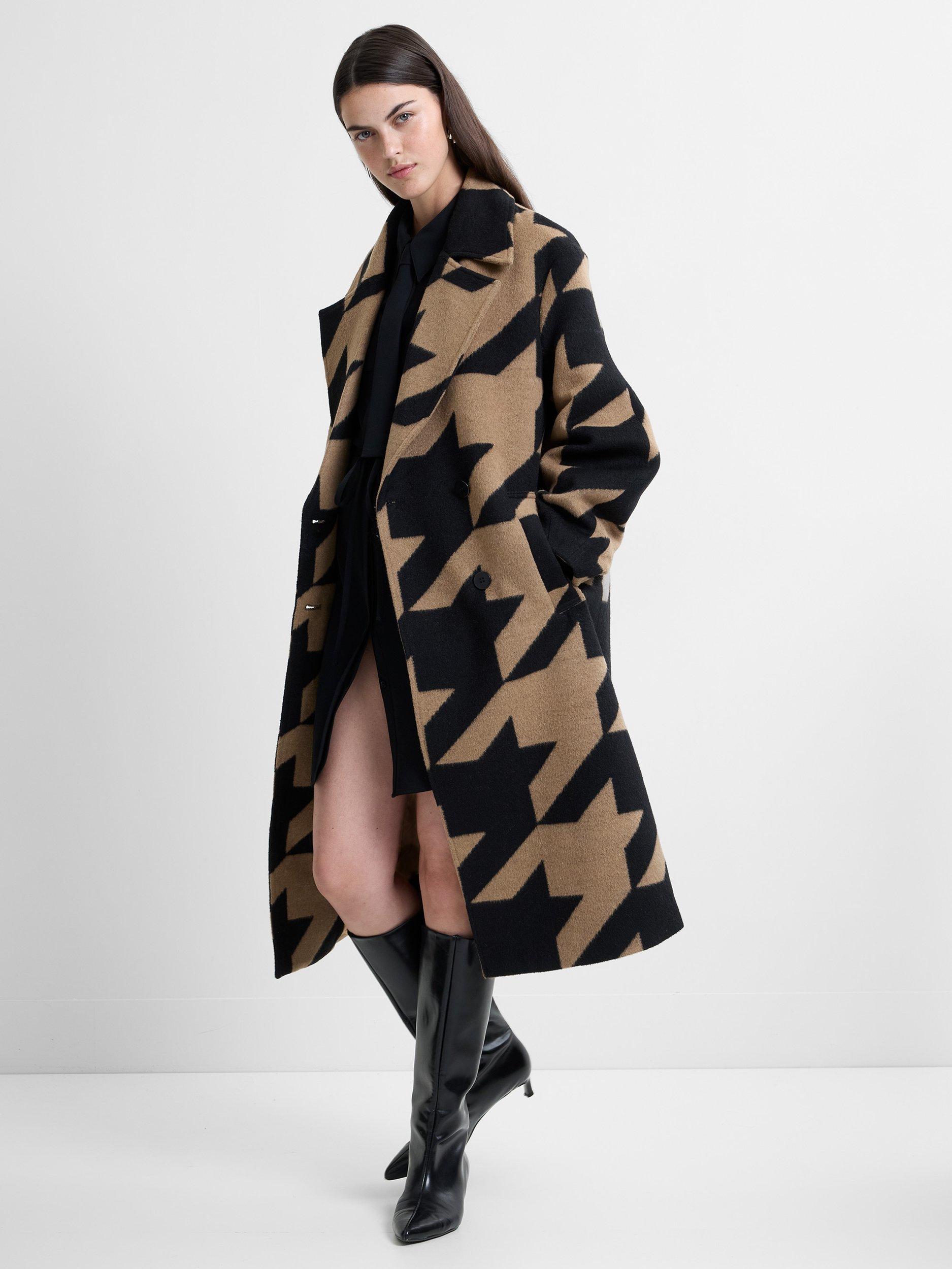 French Connection Lucilla Houndstooth Coat, Black/Camel