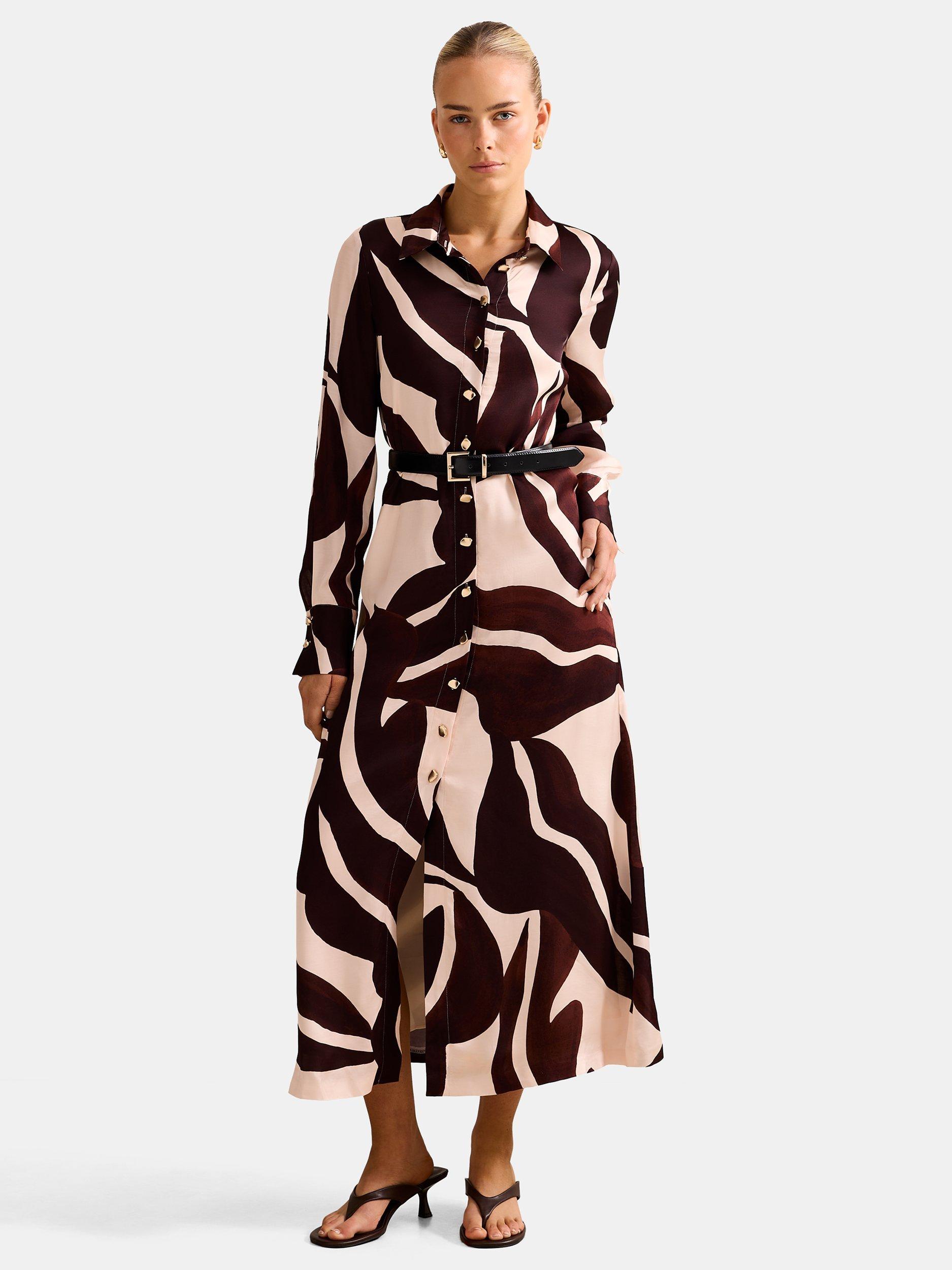 Forever New Elliana Printed Long Sleeve Collar Midi Shirt Dress