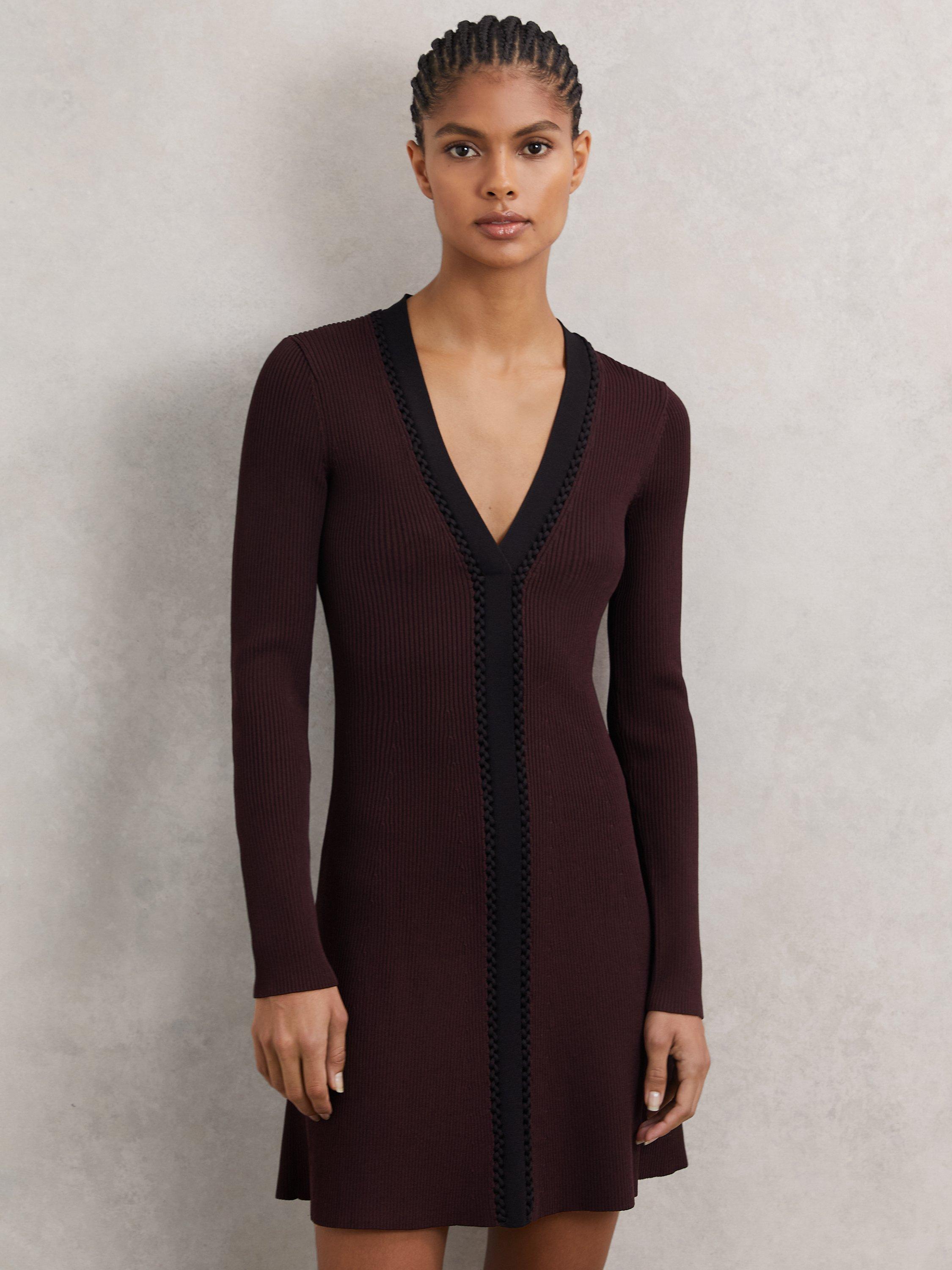 Reiss Alma Knit Bodycon Dress, Burgundy/Black