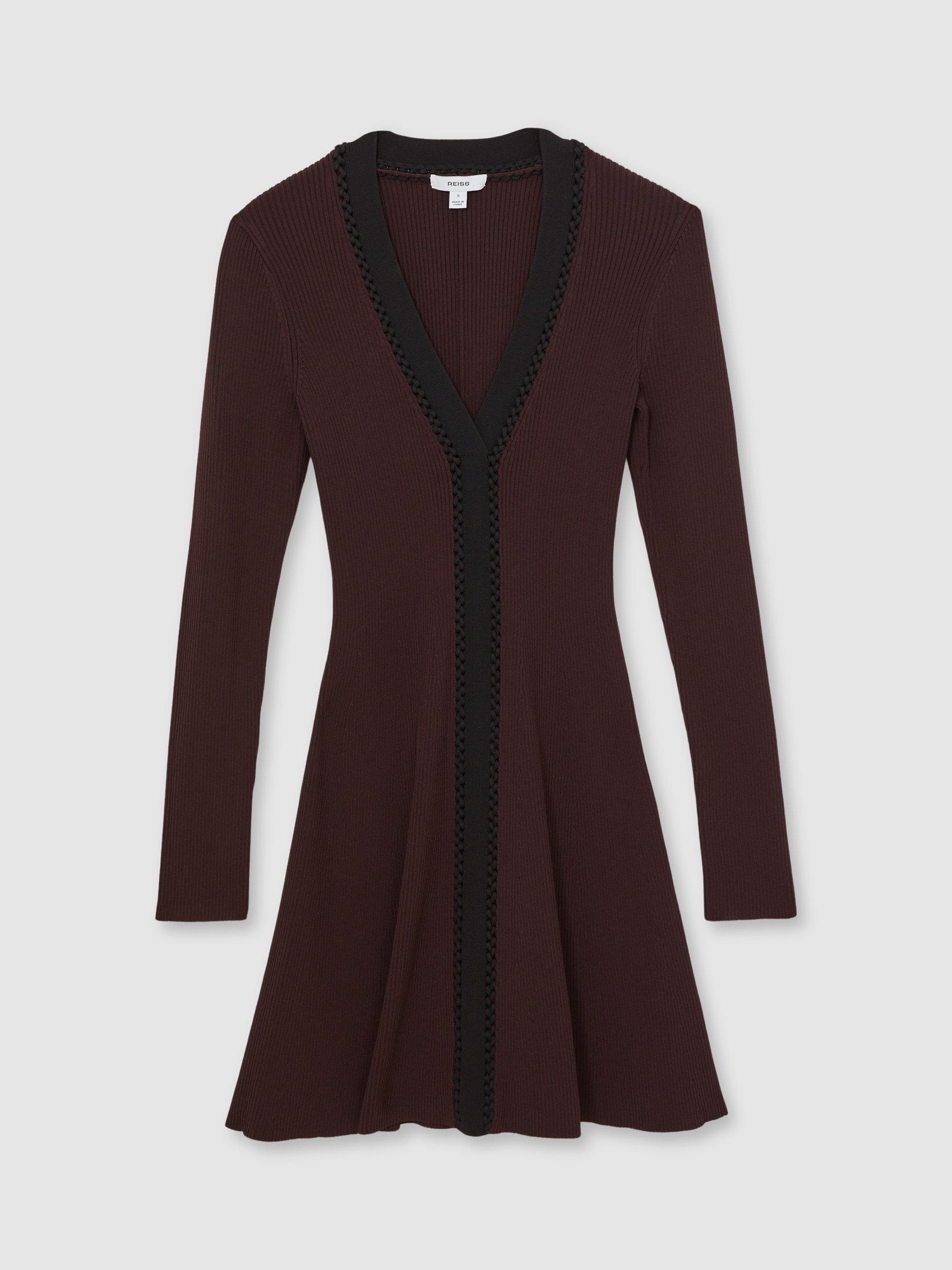 Reiss Alma Knit Bodycon Dress, Burgundy/Black