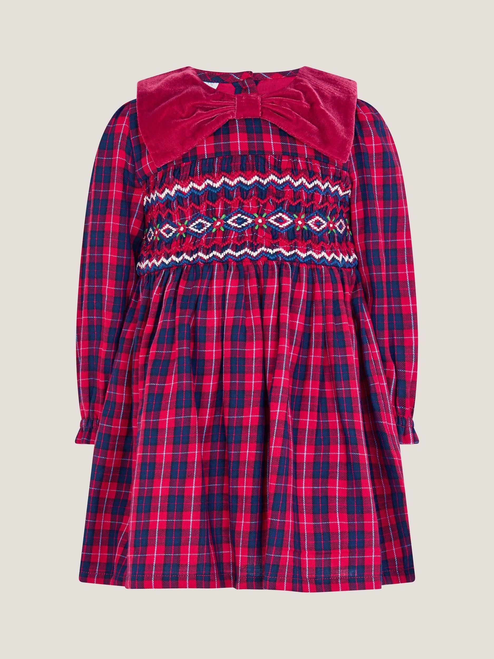 Monsoon Baby Tartan Smock Dress, Red