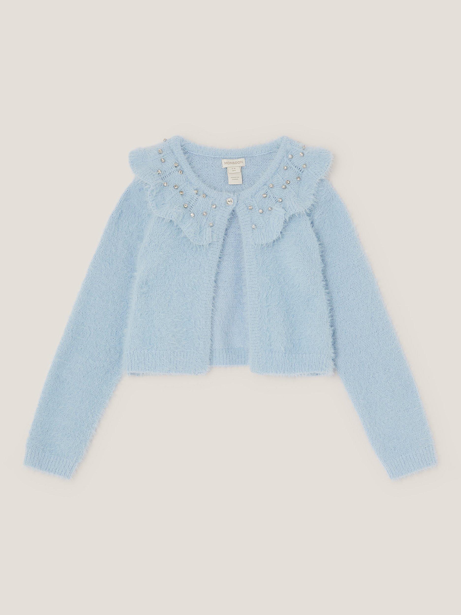 Monsoon Kids' Embellished Collar Fuzzy Cardigan, Blue