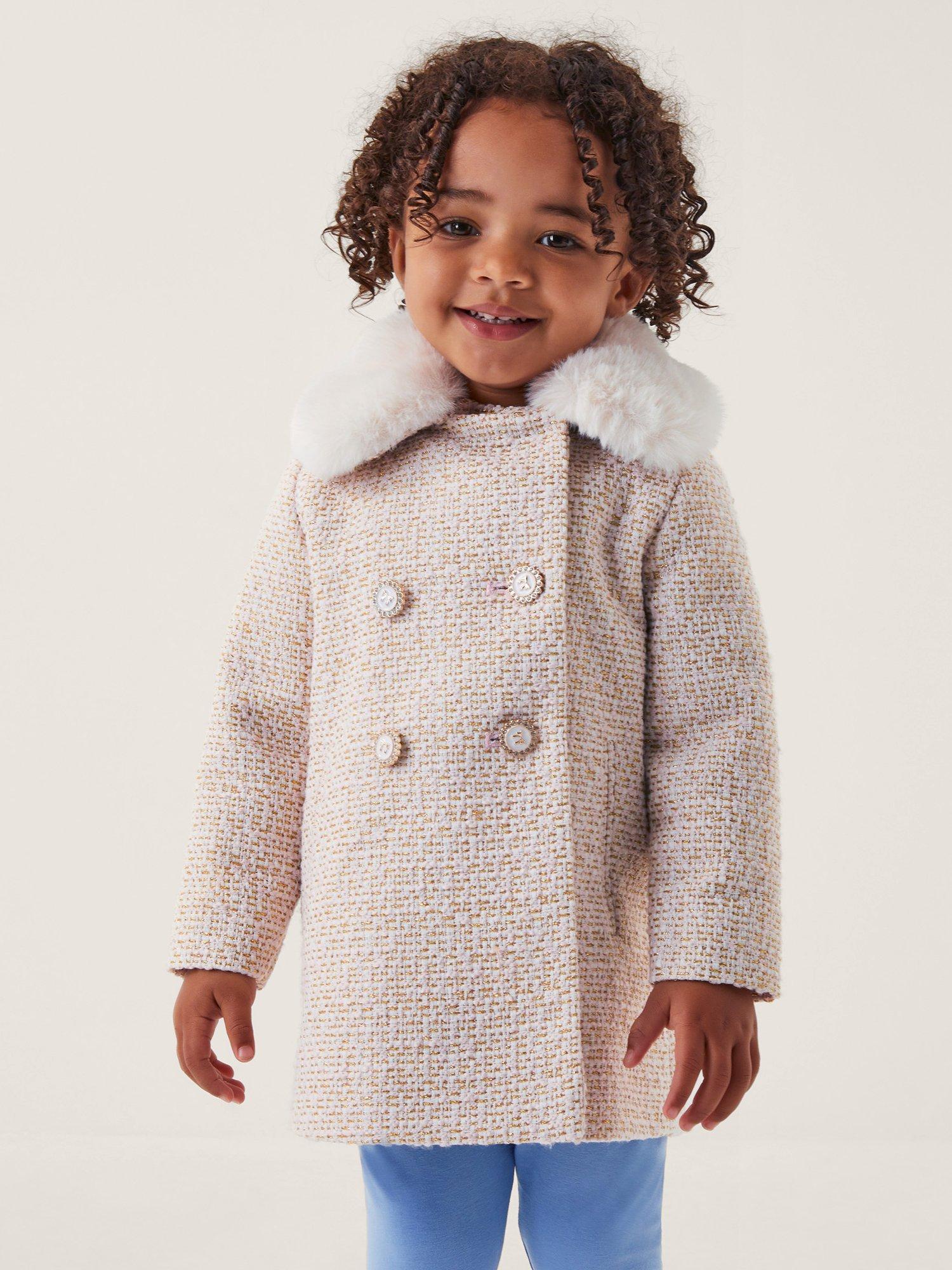 Monsoon Baby Tweed Faux Fur Collar Coat, Cream