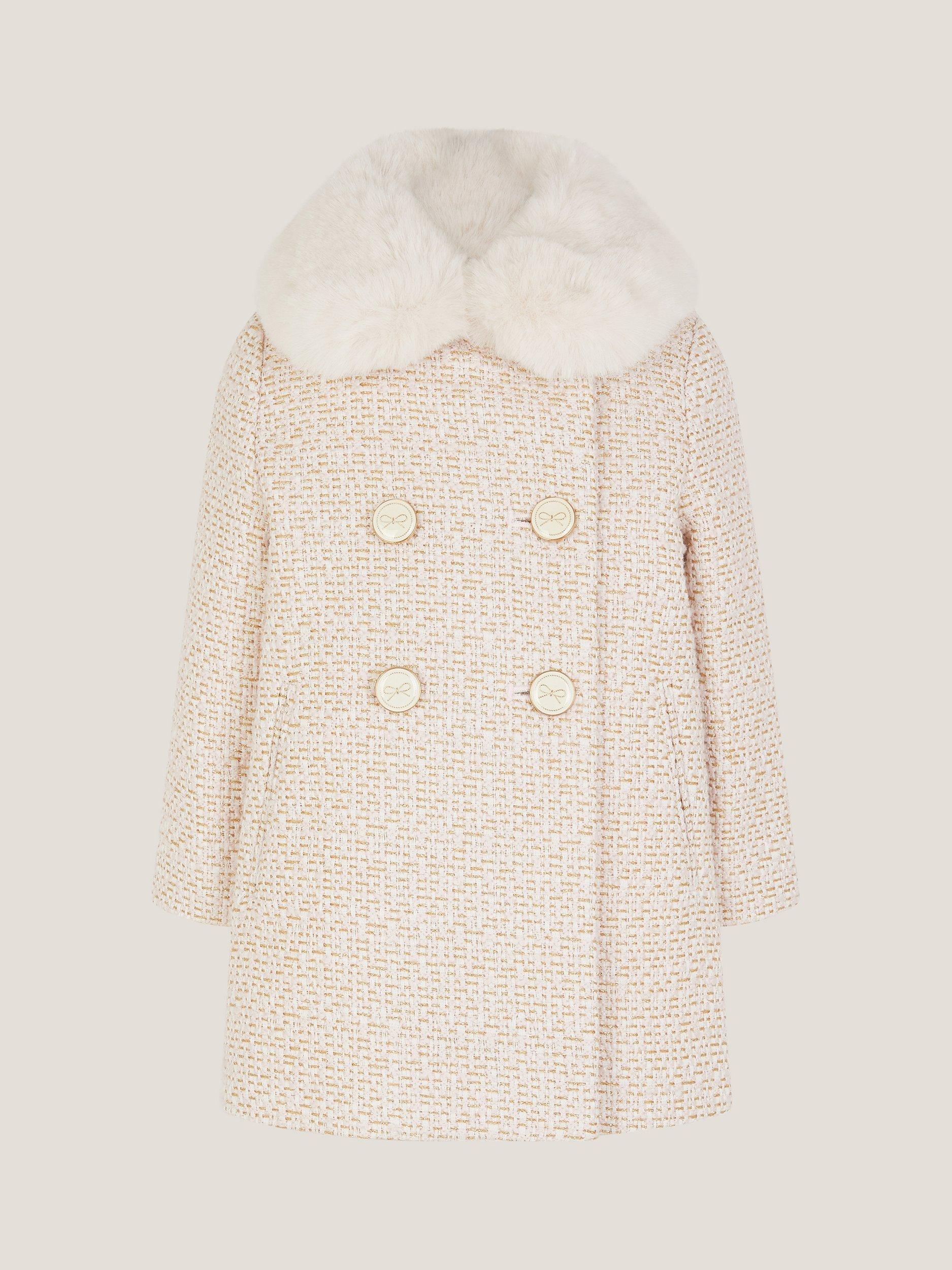 Monsoon Baby Tweed Faux Fur Collar Coat, Cream