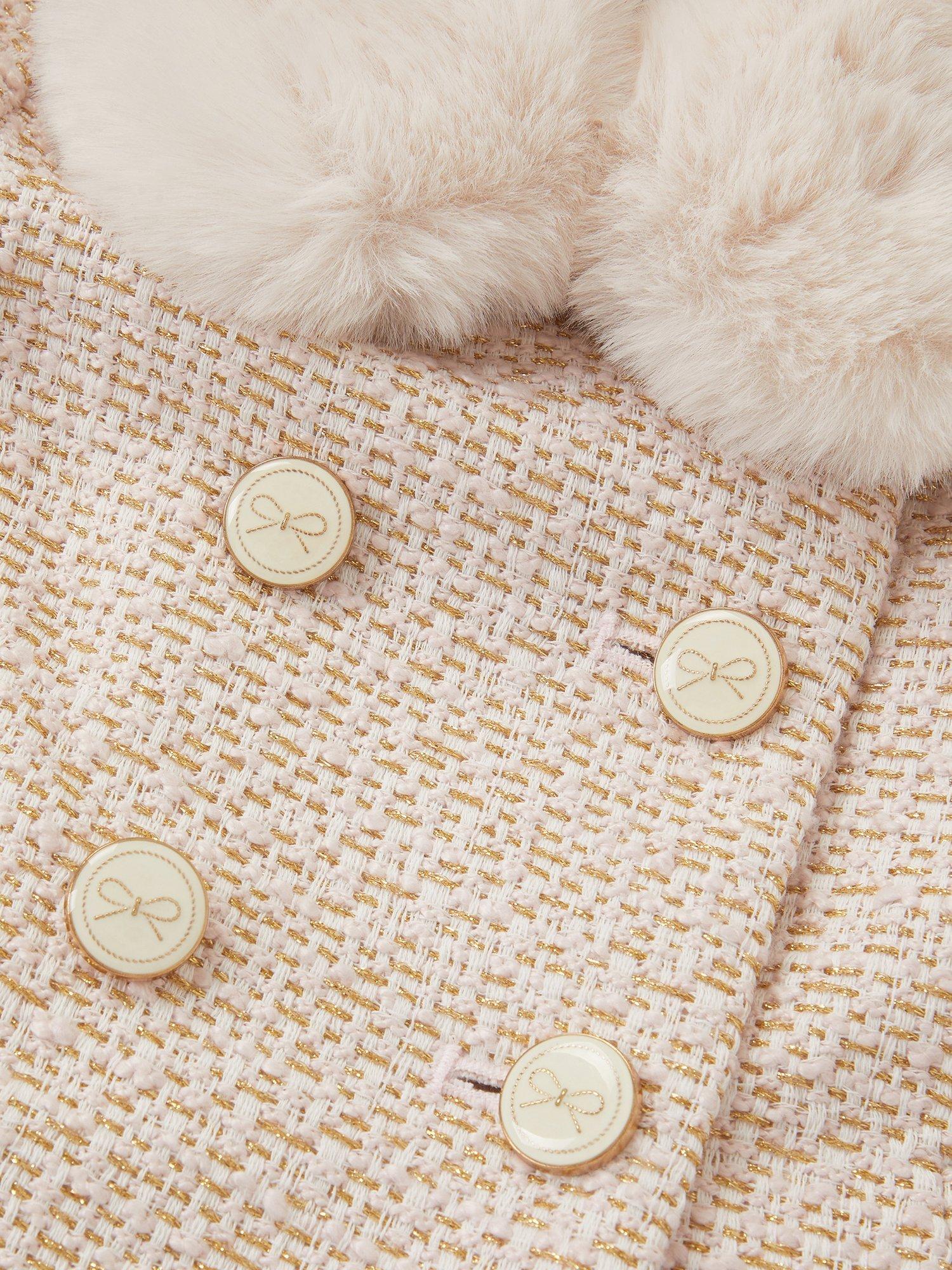 Monsoon Baby Tweed Faux Fur Collar Coat, Cream