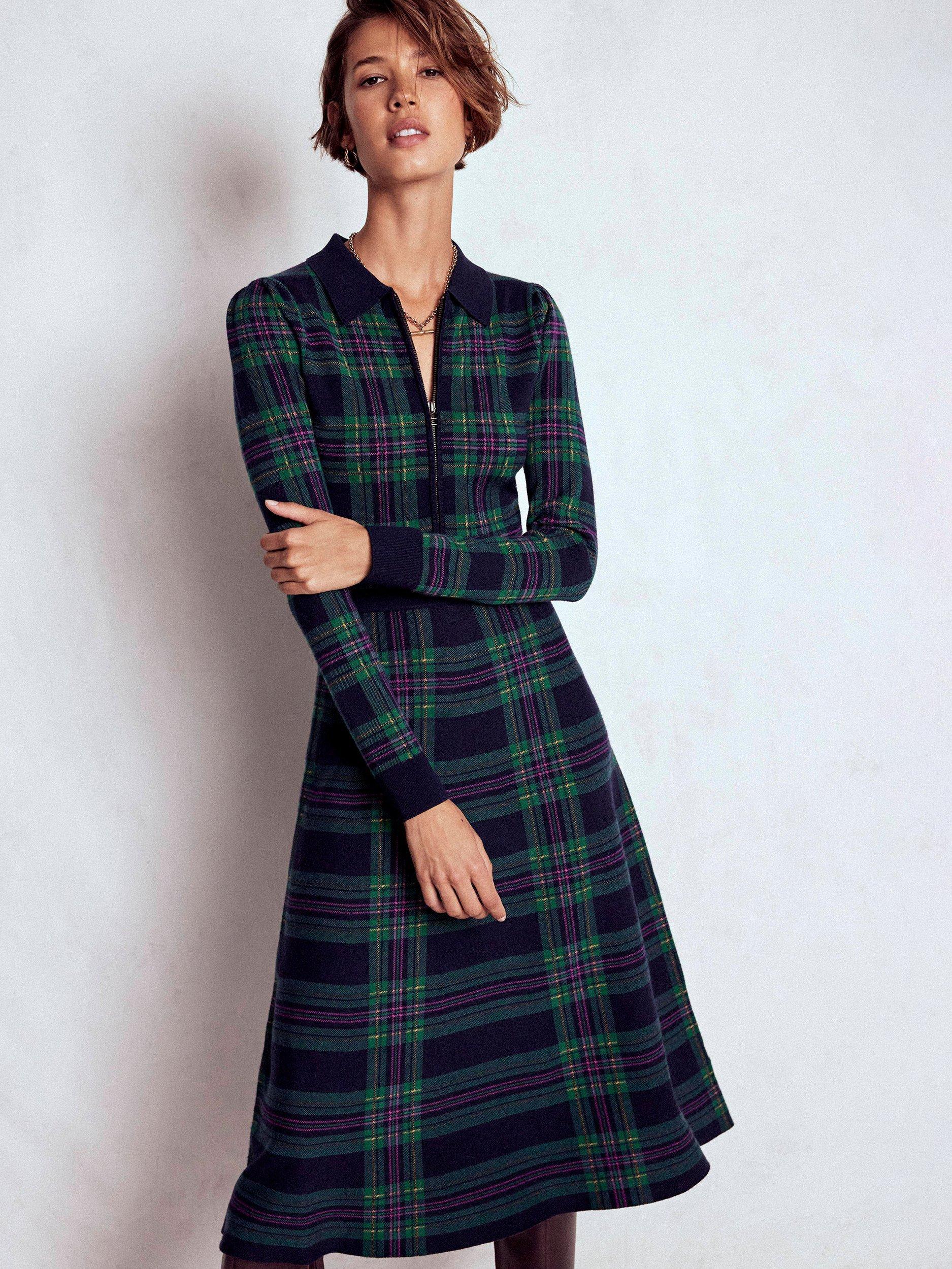 Boden Fiona Zip Front Long Sleeve Checkered Flare Midi Dress