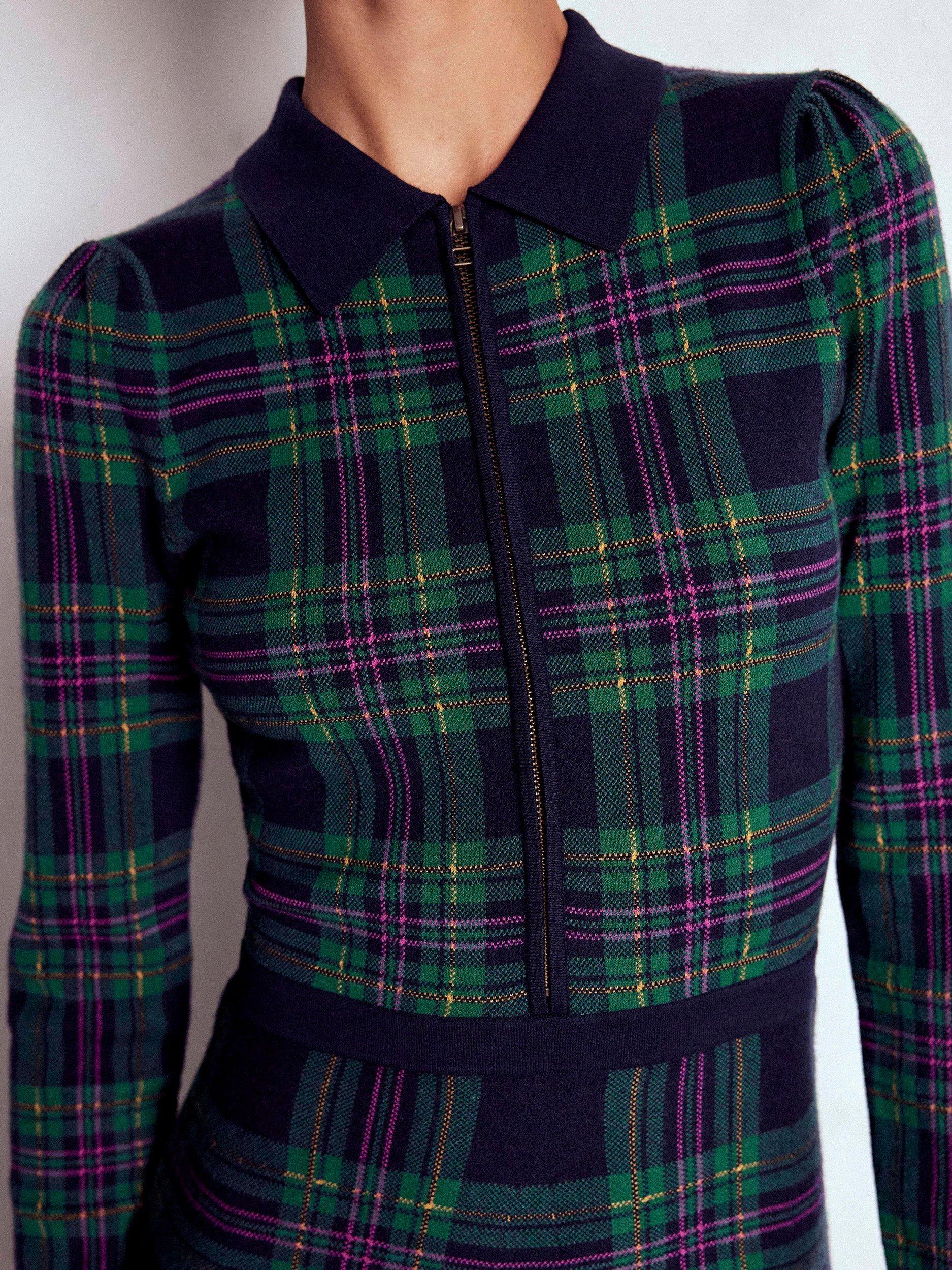 Boden Fiona Zip Front Long Sleeve Checkered Flare Midi Dress