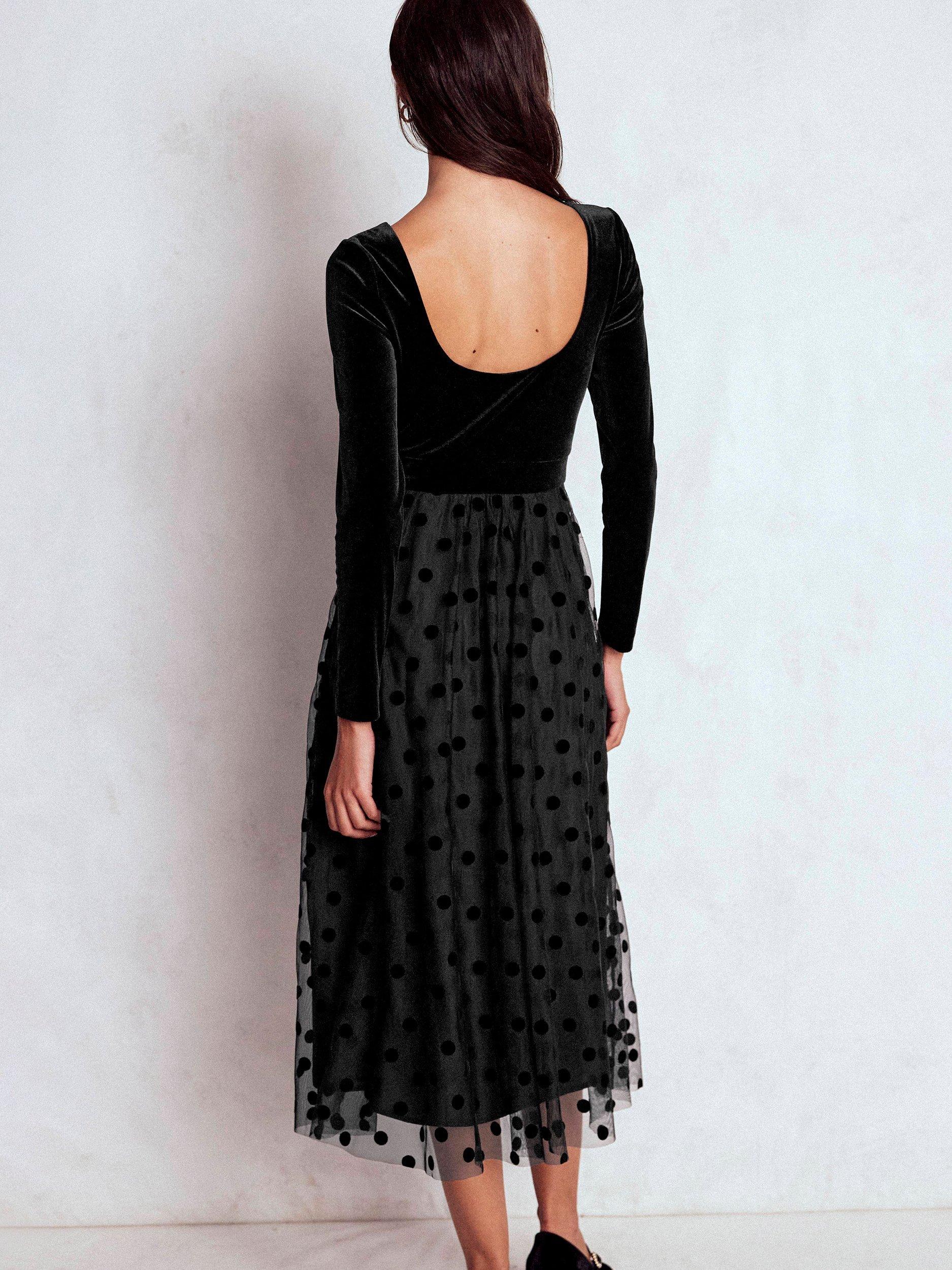 Boden Velvet Bodice Polka Dot Dress, Black