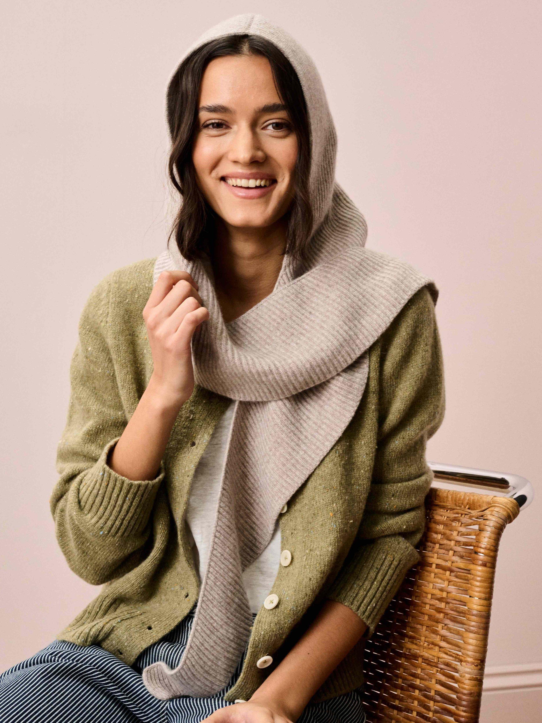 Brora Pure Cashmere Ribbed Hybrid Hooded Scarf, Ash