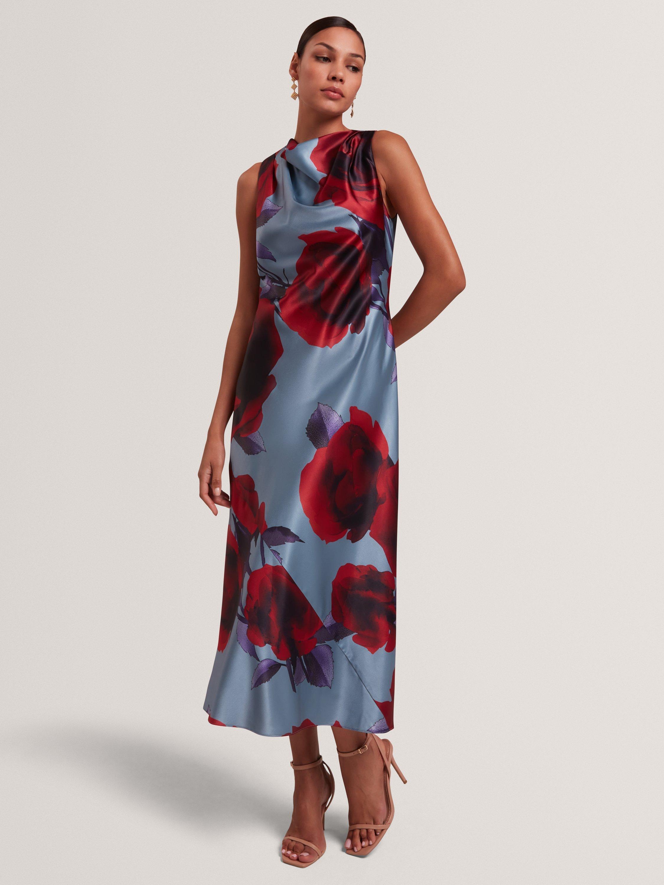 Ted Baker Harrlia Sleeveless Cowl Neck Midi Dress, Blue/Multi