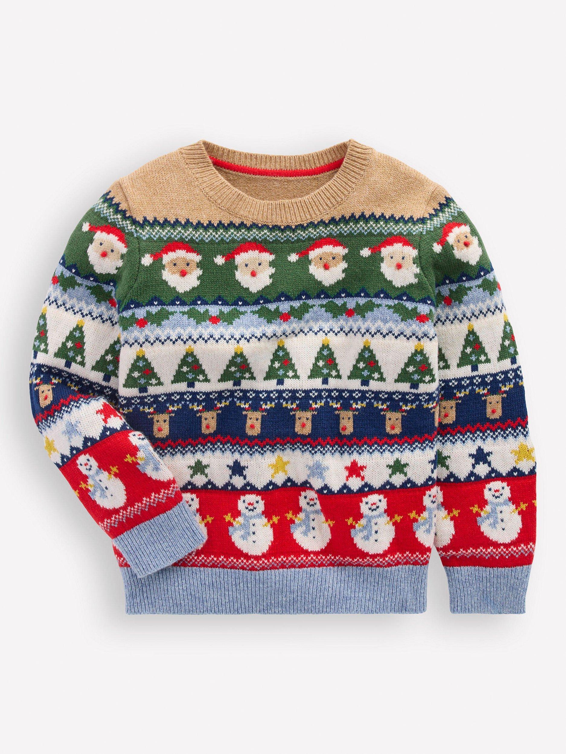 Mini Boden Kids' Cotton Blend Crew Neck Jumper, Christmas Fairisle